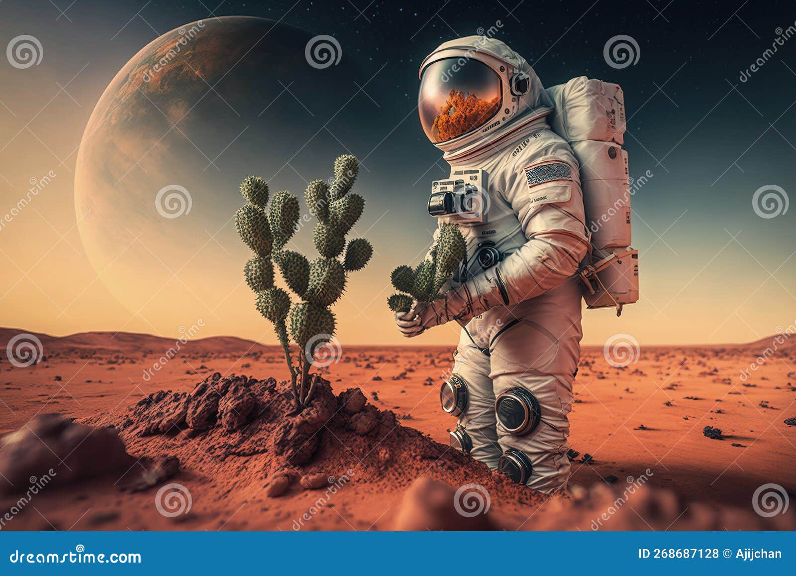 Planting A Tree Sapling On The Mars Surface. Digital Illustration ...