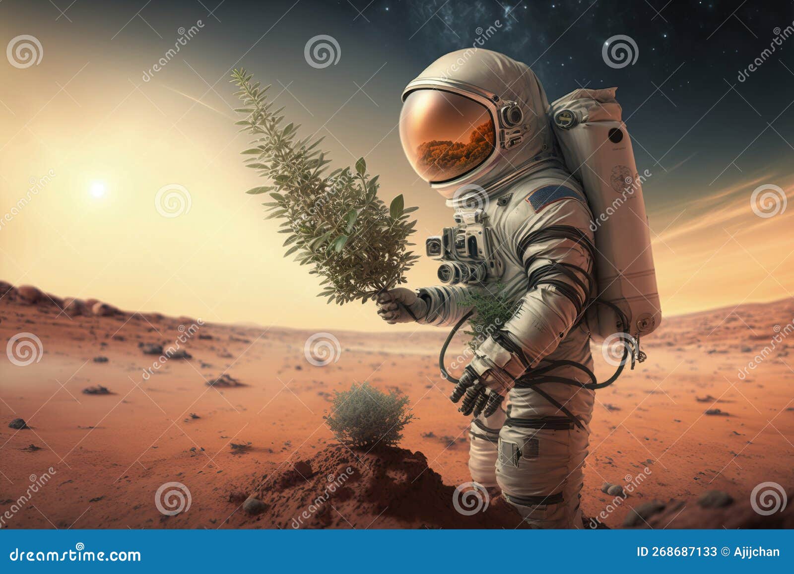 Planting a Tree Sapling on the Mars Surface. Digital Illustration ...