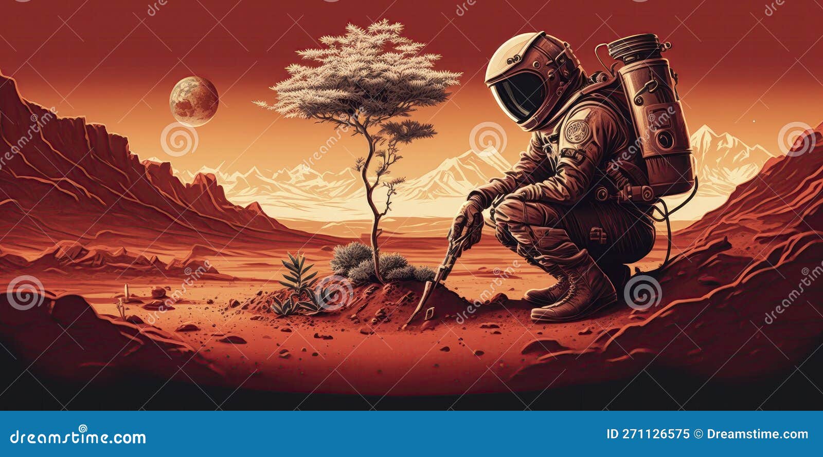 Astronaut Planting a Tree on Mars Stock Illustration - Illustration of ...