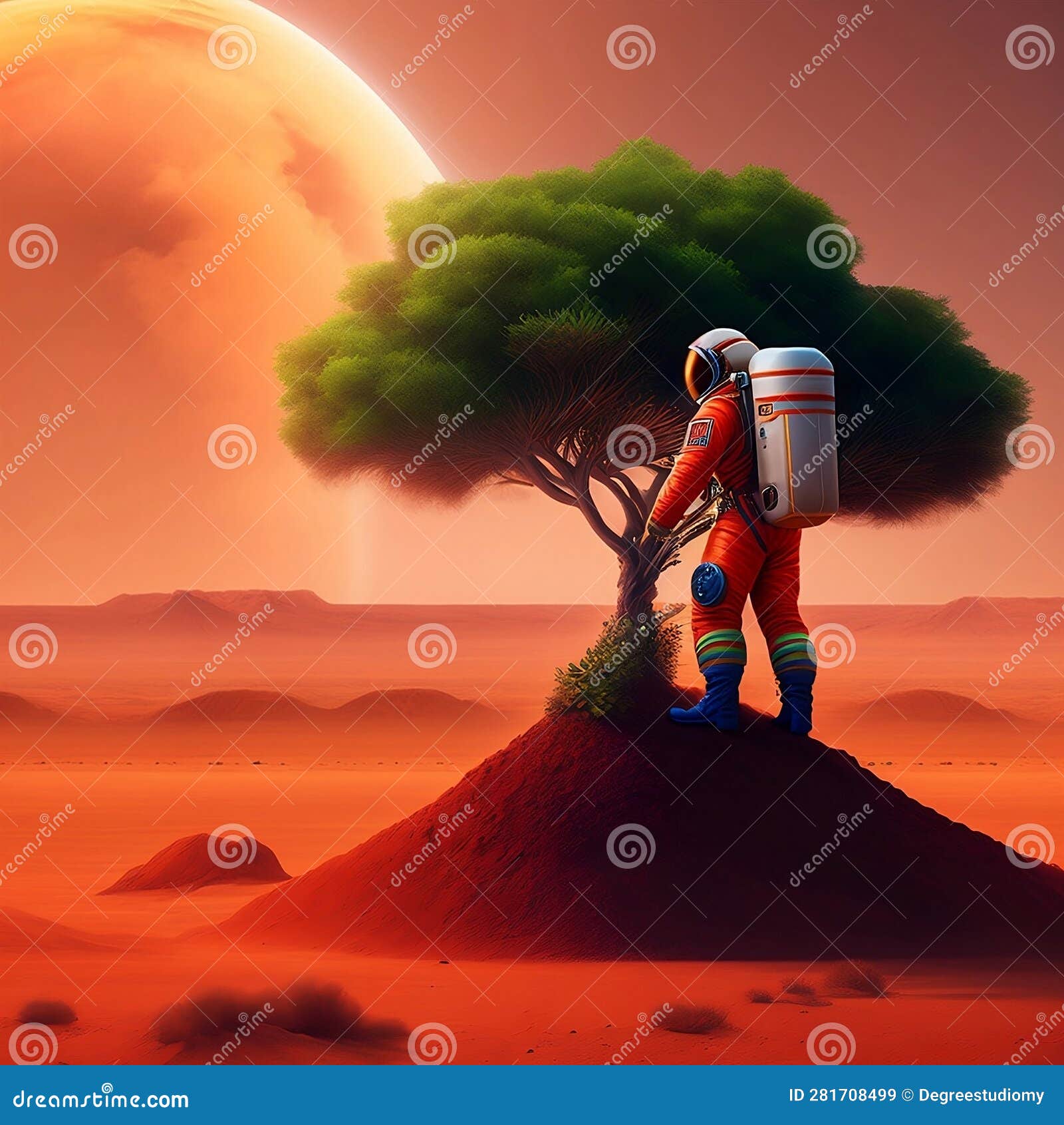 Astronaut Planting Tree on Mars. Space Travel. Generative AI. AI Stock ...