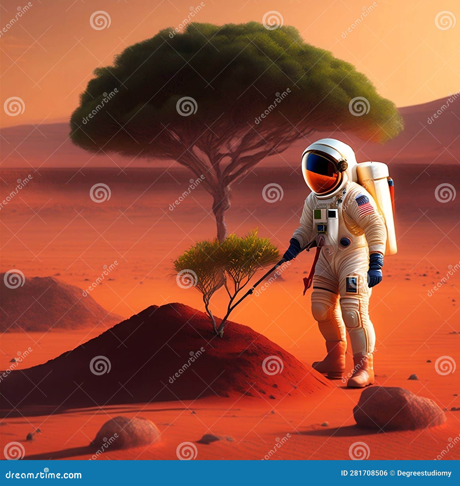 Astronaut Planting Tree on Mars. Space Travel. Generative AI. AI Stock ...
