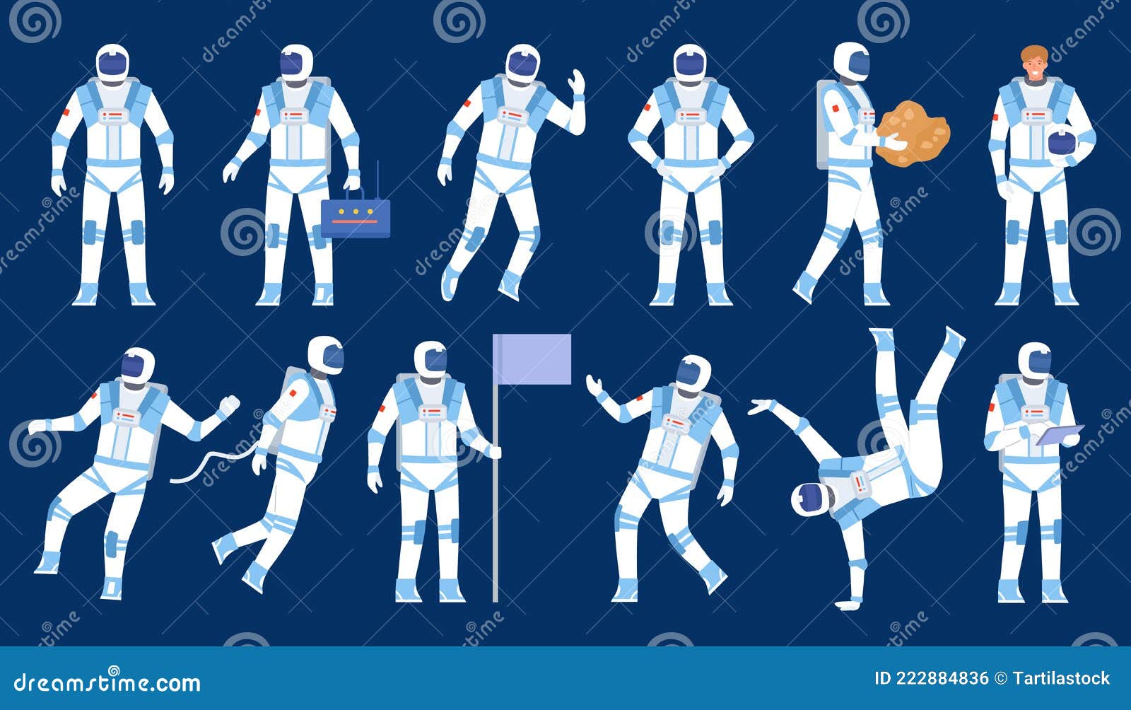 Astronaut Poses. Spaceman Dancer, Stand with Flag, Float in Space. Flat ...