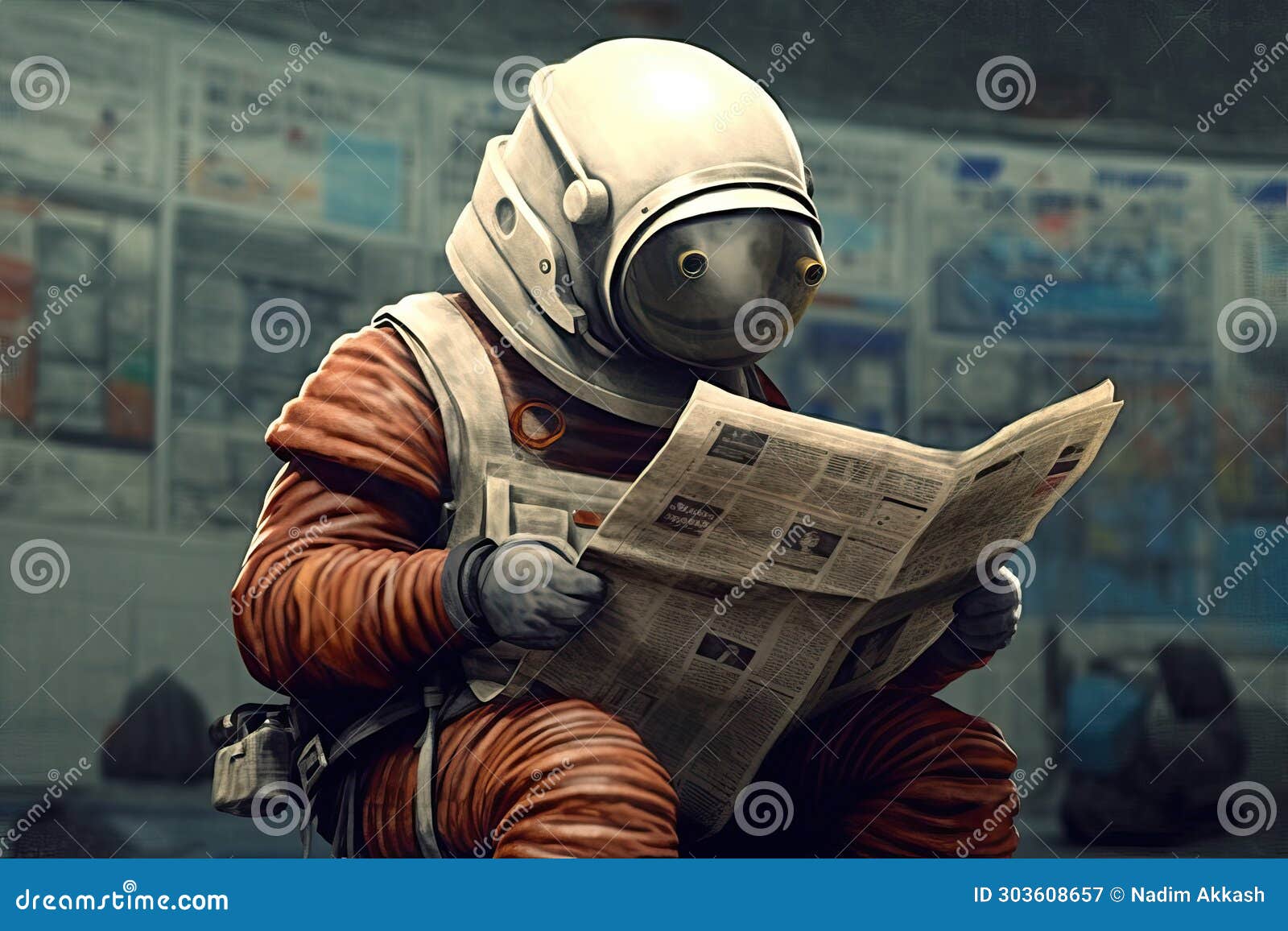 Astronaut Reading a Newspaper in an Astronaut S Helmet Stock ...