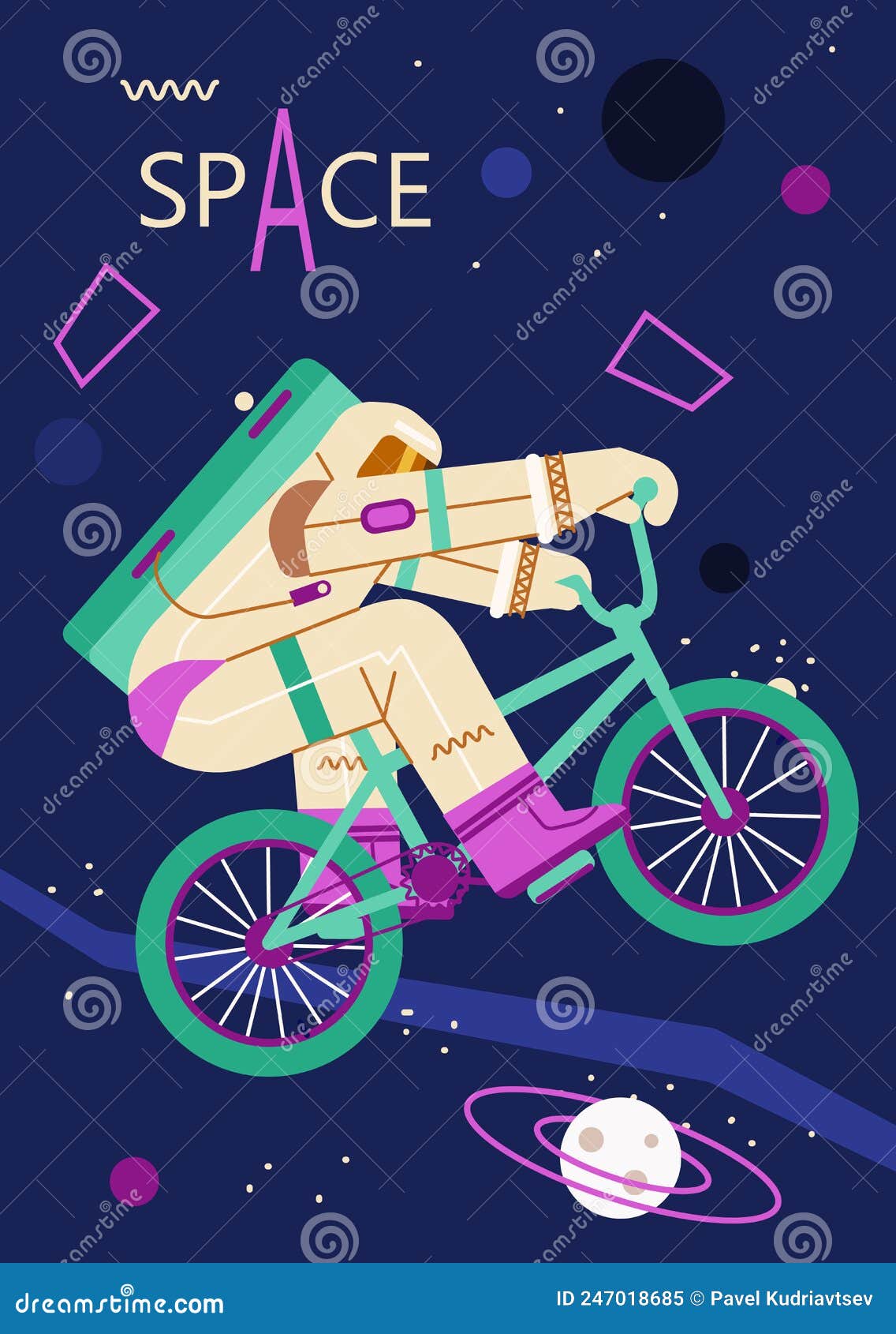Astronaut Riding Bicycle in Outer Space, Flat Vector Illustration ...