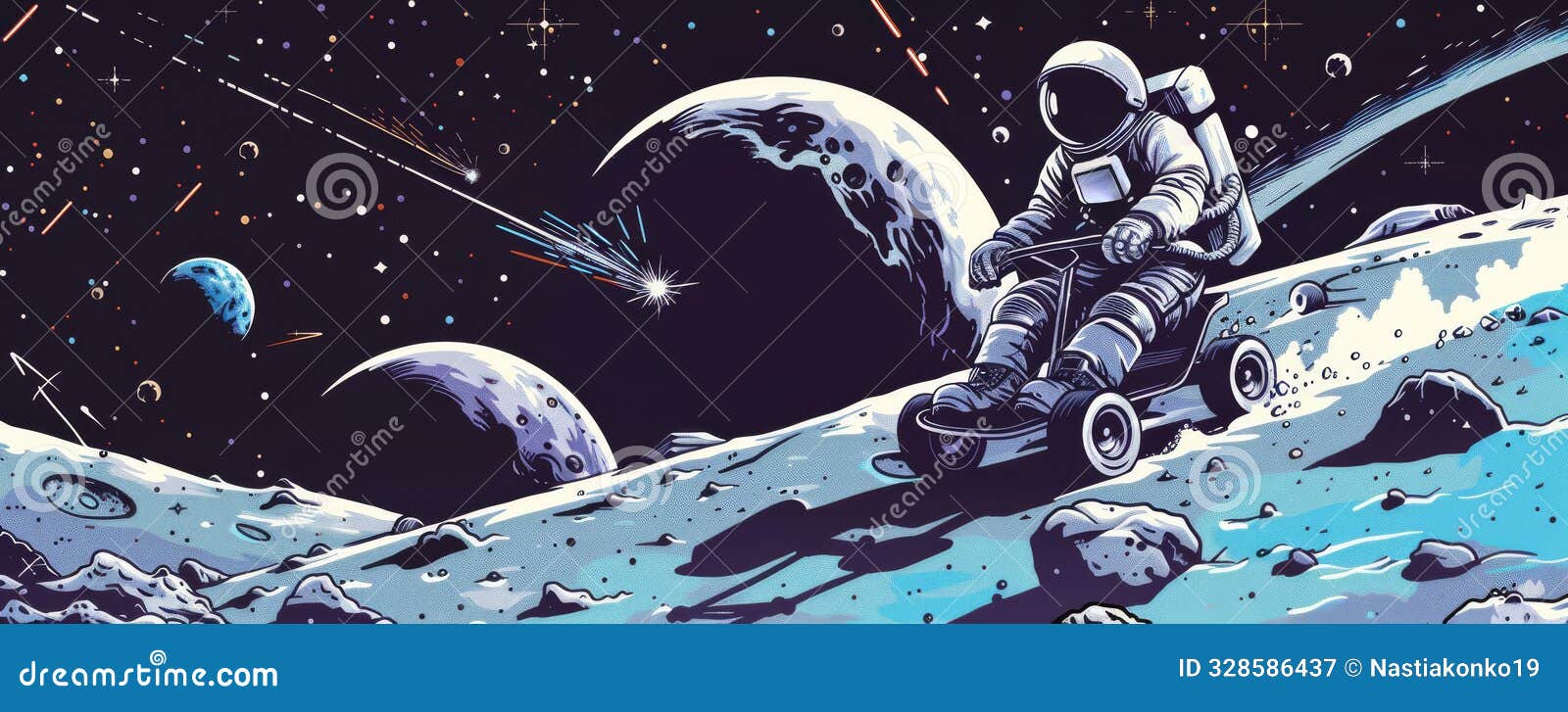 Astronaut Riding Rover on Asteroid with Meteors and Planets in the ...