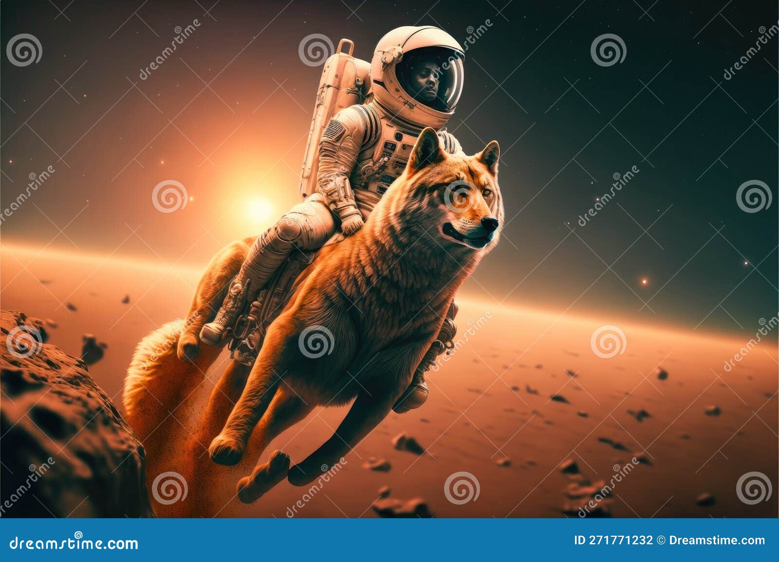Astronaut Riding Wolf on Mars Landscape. Concept of Orange Light on ...