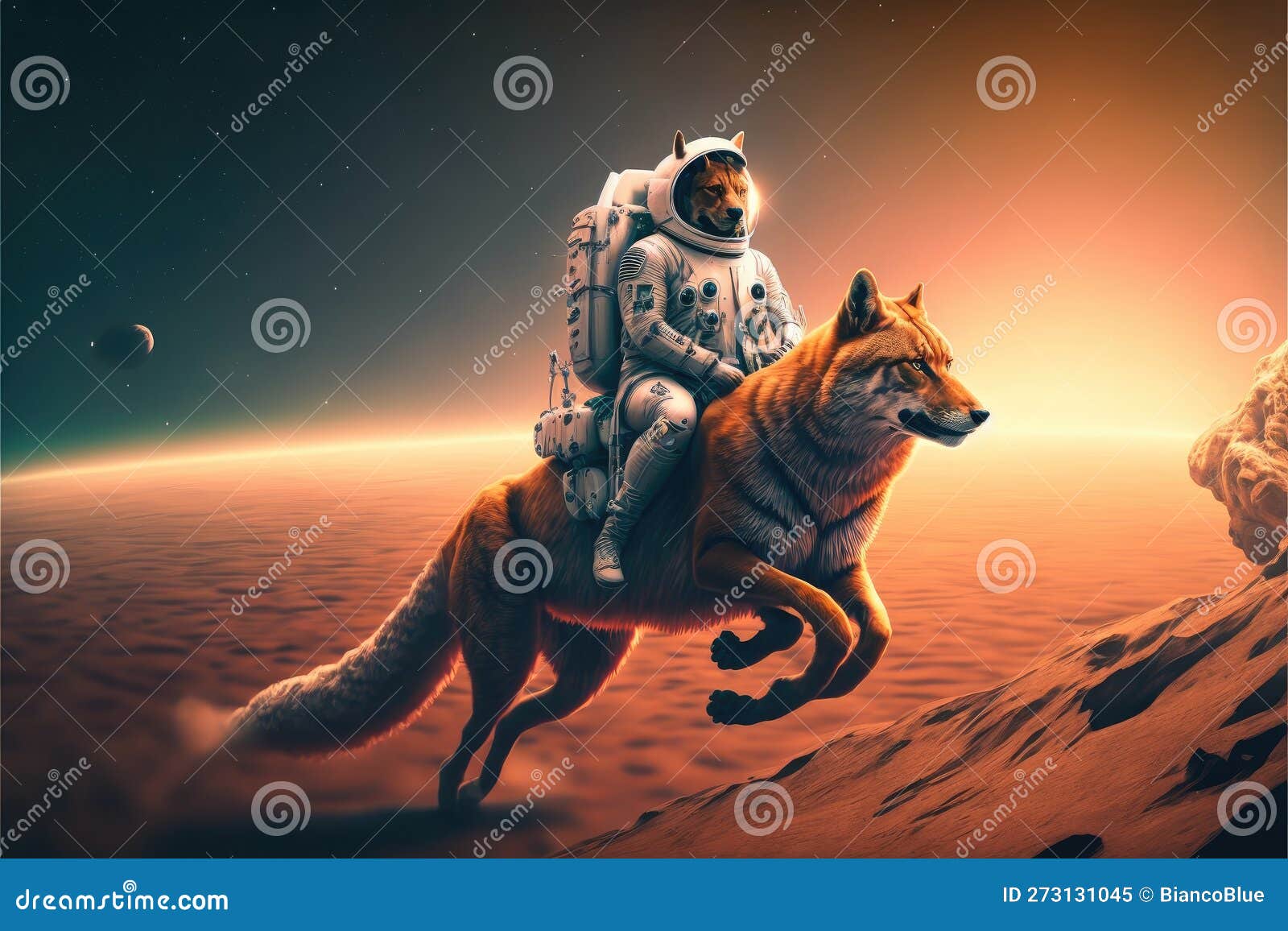 Astronaut Riding Wolf on Mars Landscape. Concept of Orange Light on ...