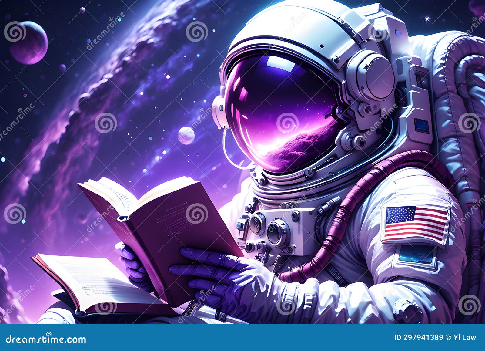 The Astronaut at the Right Side of the Frame Reading a Book in Space ...