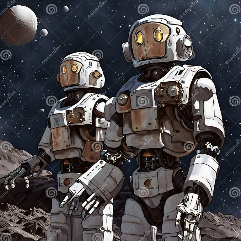 Astronaut Robot Illustration Background in Outer Space Moon Stock ...