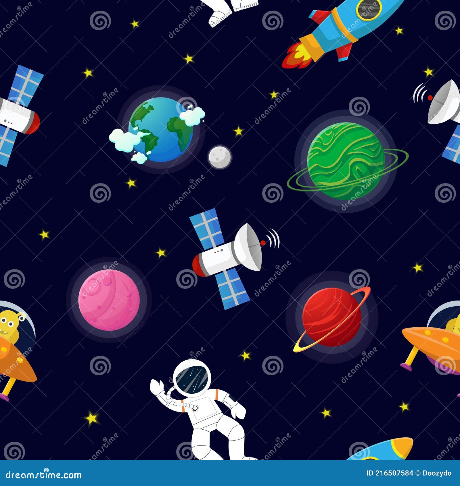 Astronaut with Rocket and Alien in the Open Space Stock Vector ...