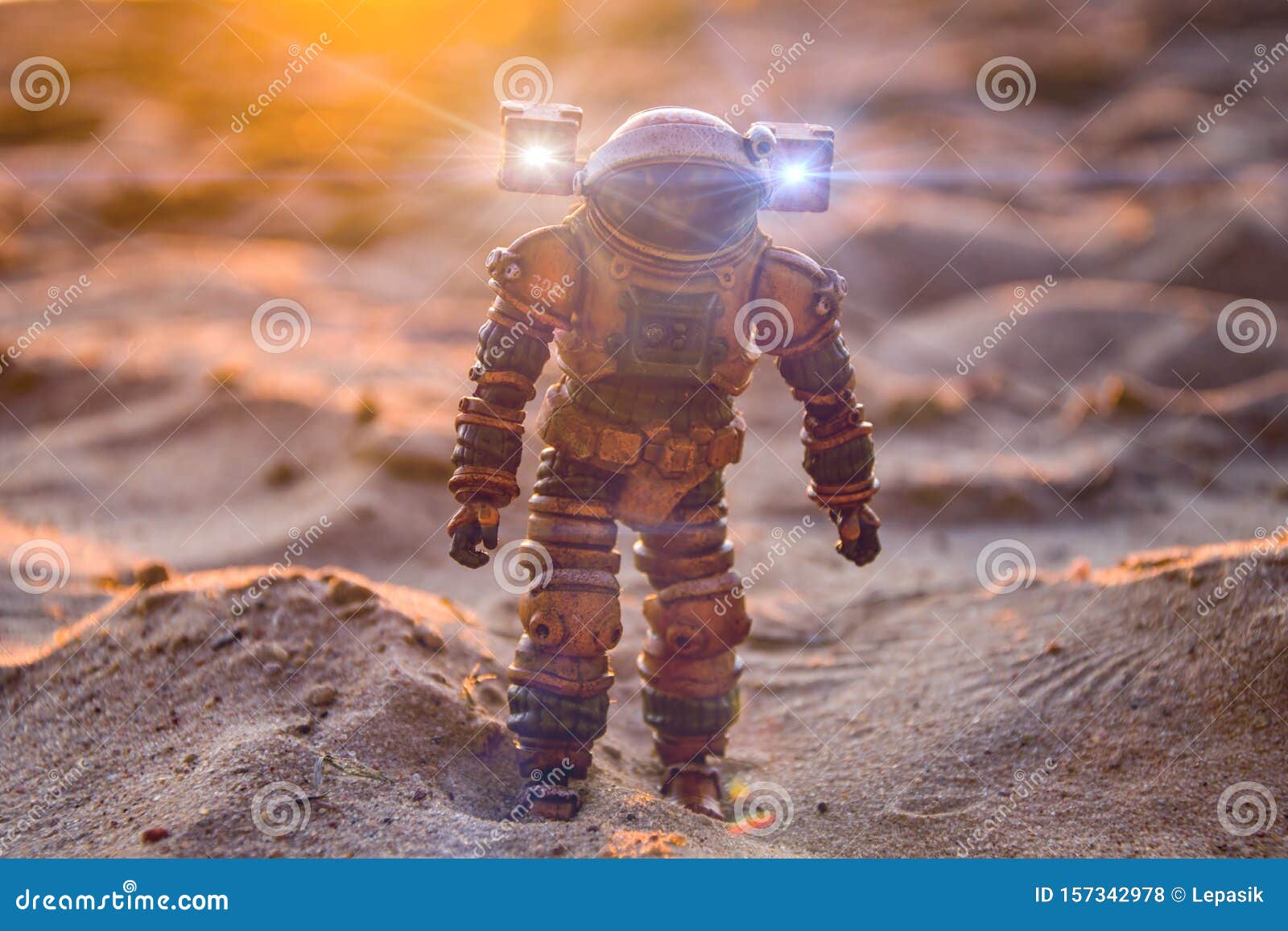Astronaut on a Sandy Planet, Sunset, Space Exploration Stock Photo ...