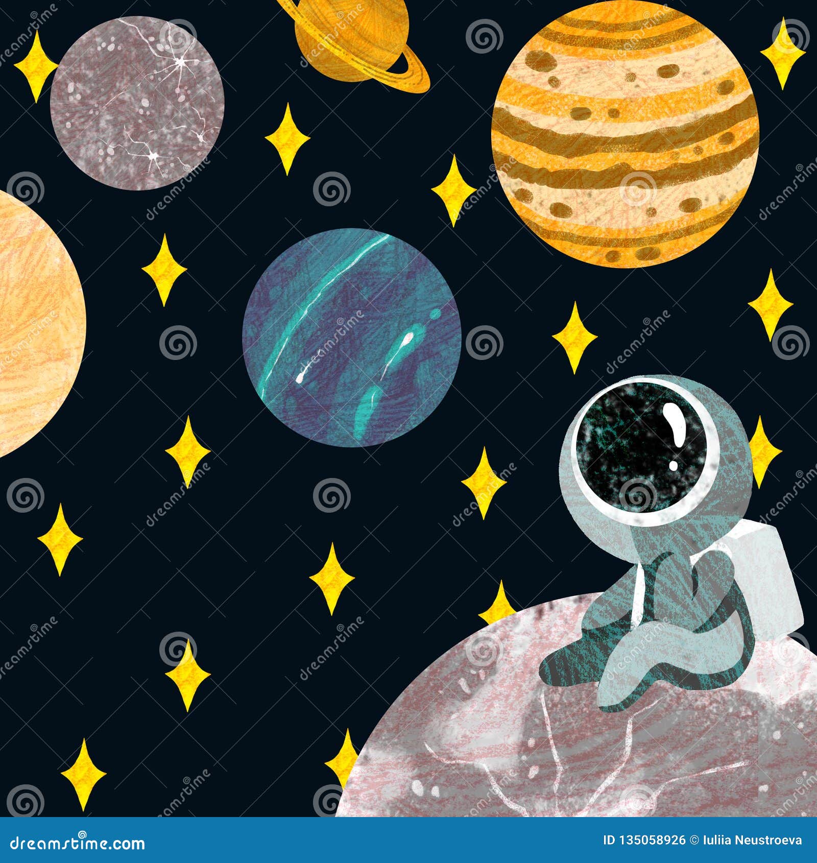 Astronaut Sits on the Moon and Looks at the Planets Stock Illustration ... Astronaut Sits on the Moon and Looks at the Planets Stock Illustration ...