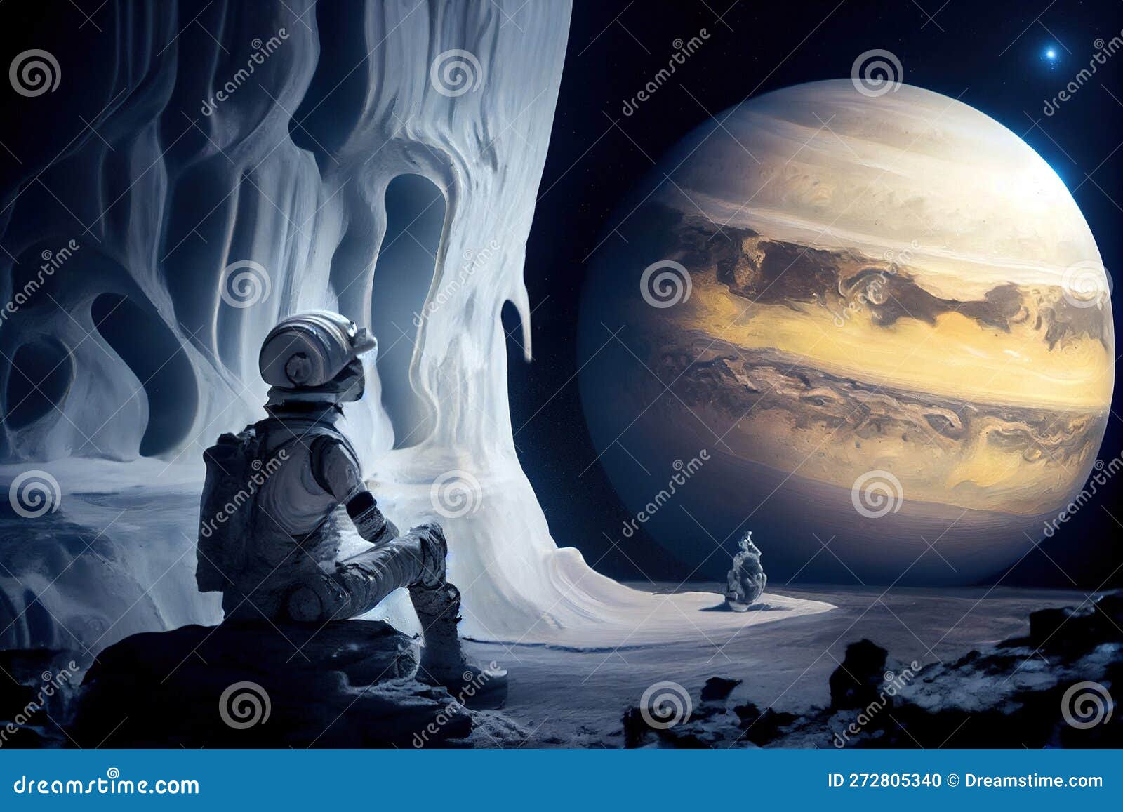 An Astronaut Sits At A Computer In A Spaceship And Sees The Planet ...