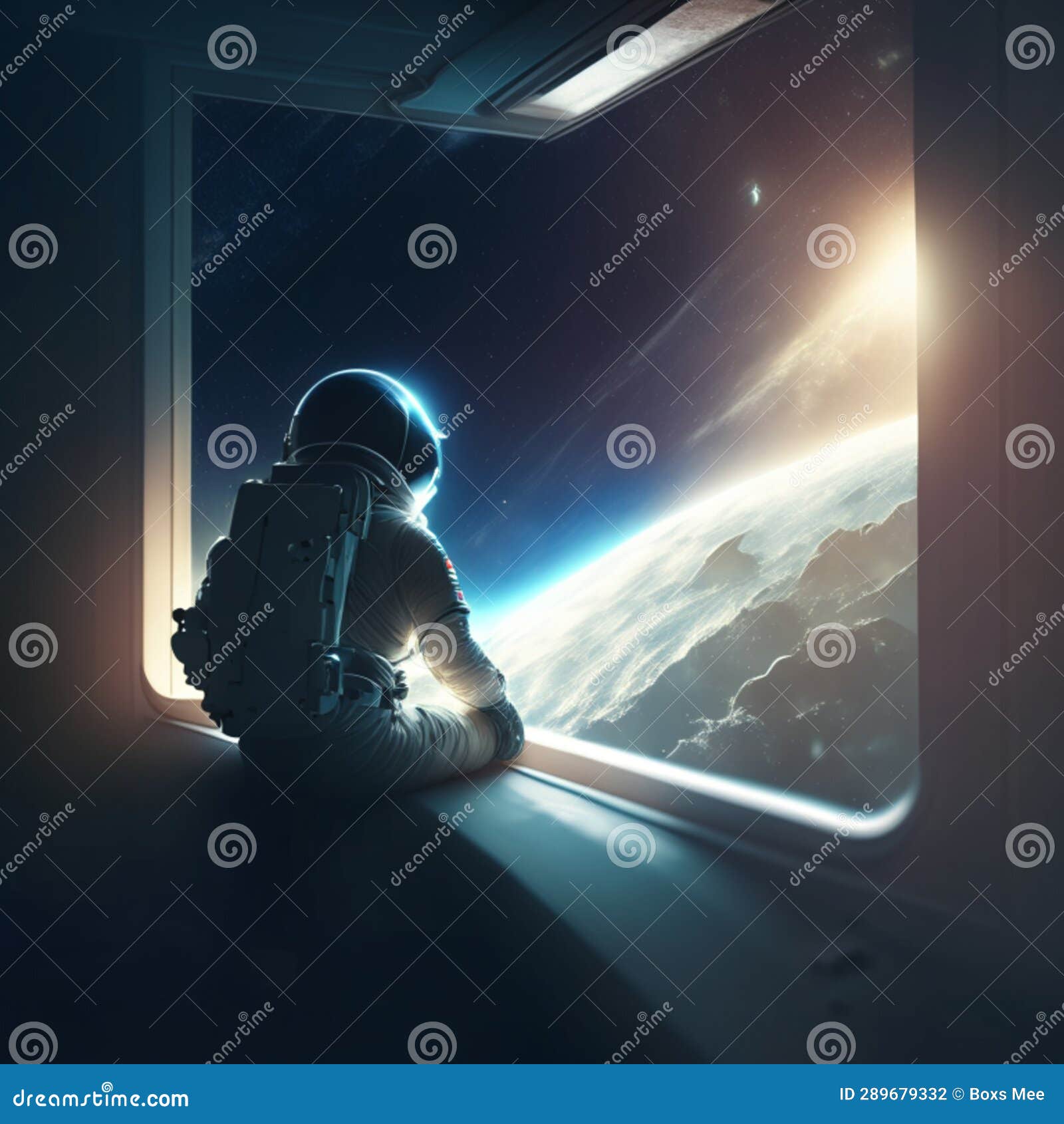 Astronaut Sitting in the Window of a Spaceship. 3D Rendering AI ...