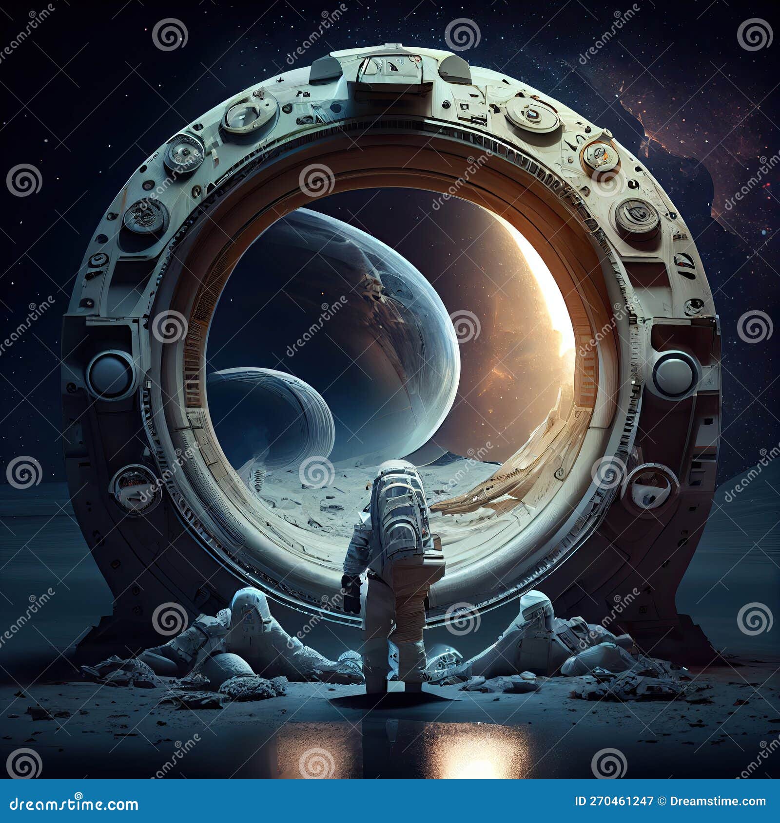 Astronaut in Space Coming Out of a Time Machine. Stock Illustration ...