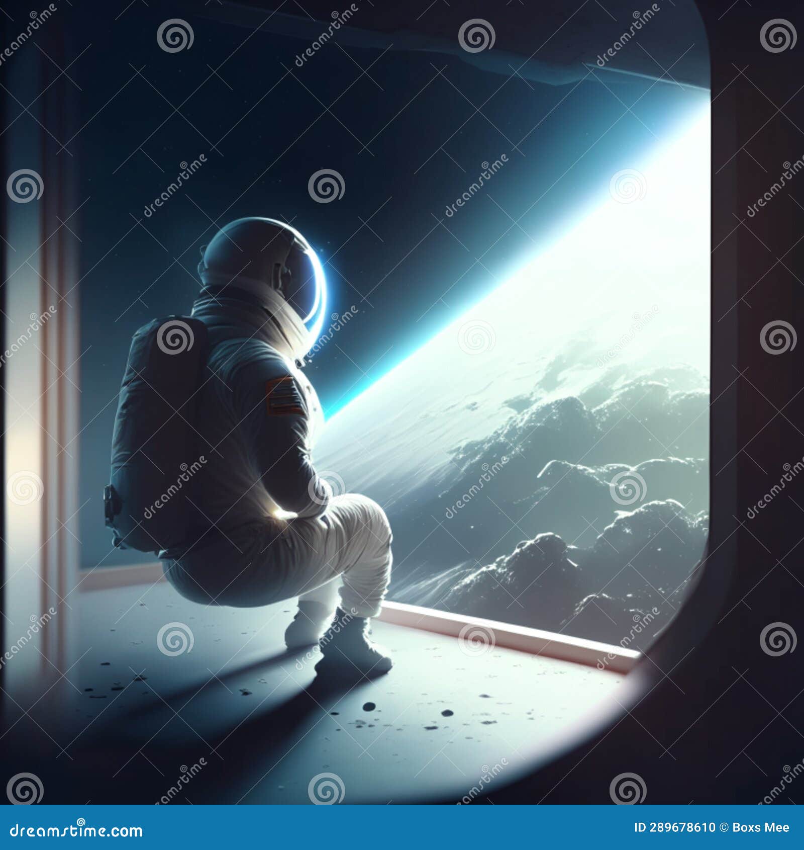 Astronaut in Space Looking Out of Window. 3D Rendering AI Generated ...