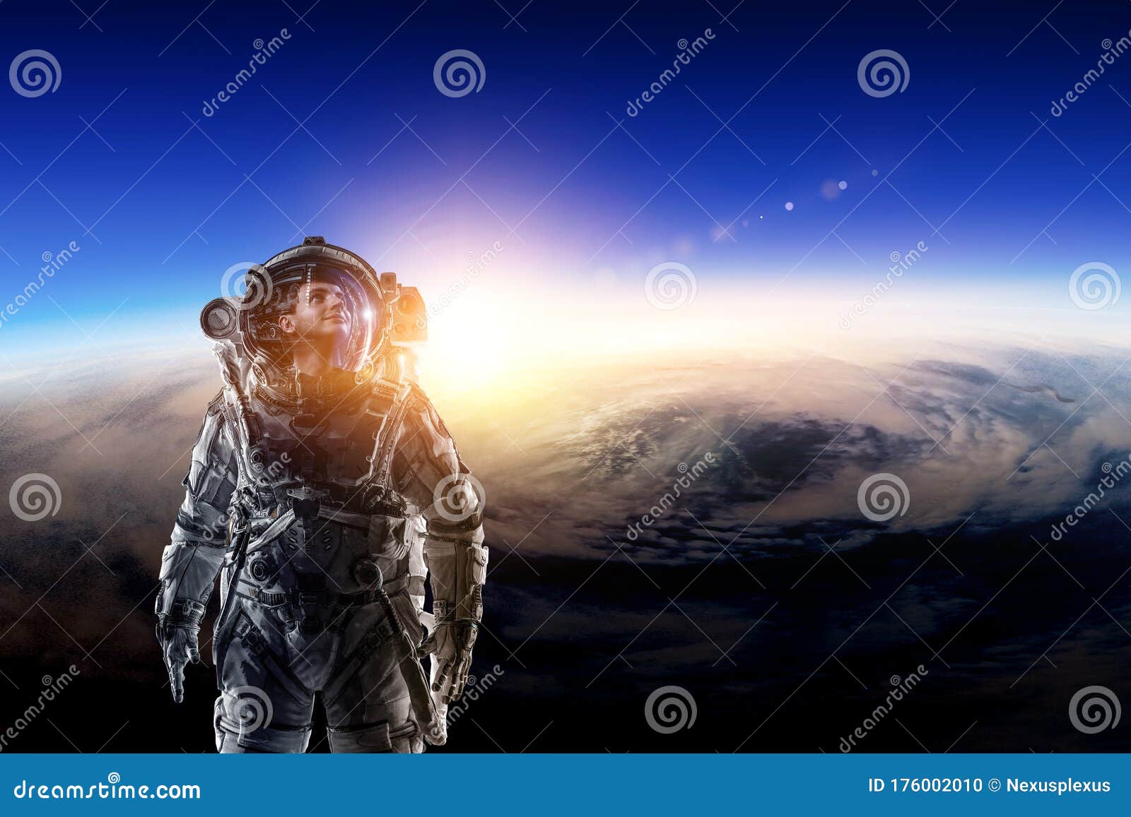 Astronaut in Space on Planet Orbit. Stock Photo - Image of clouds ...
