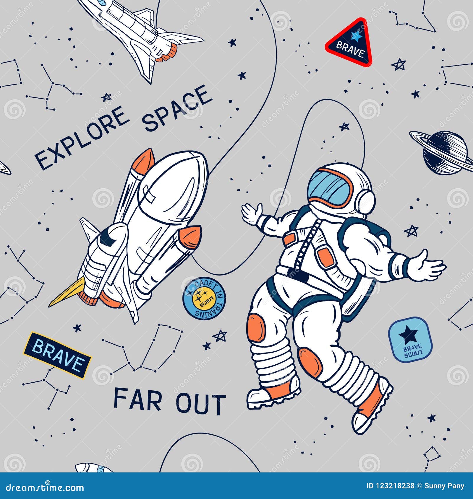 Astronaut and Space Seamless Pattern Vector. Graphic Tee Stock ...