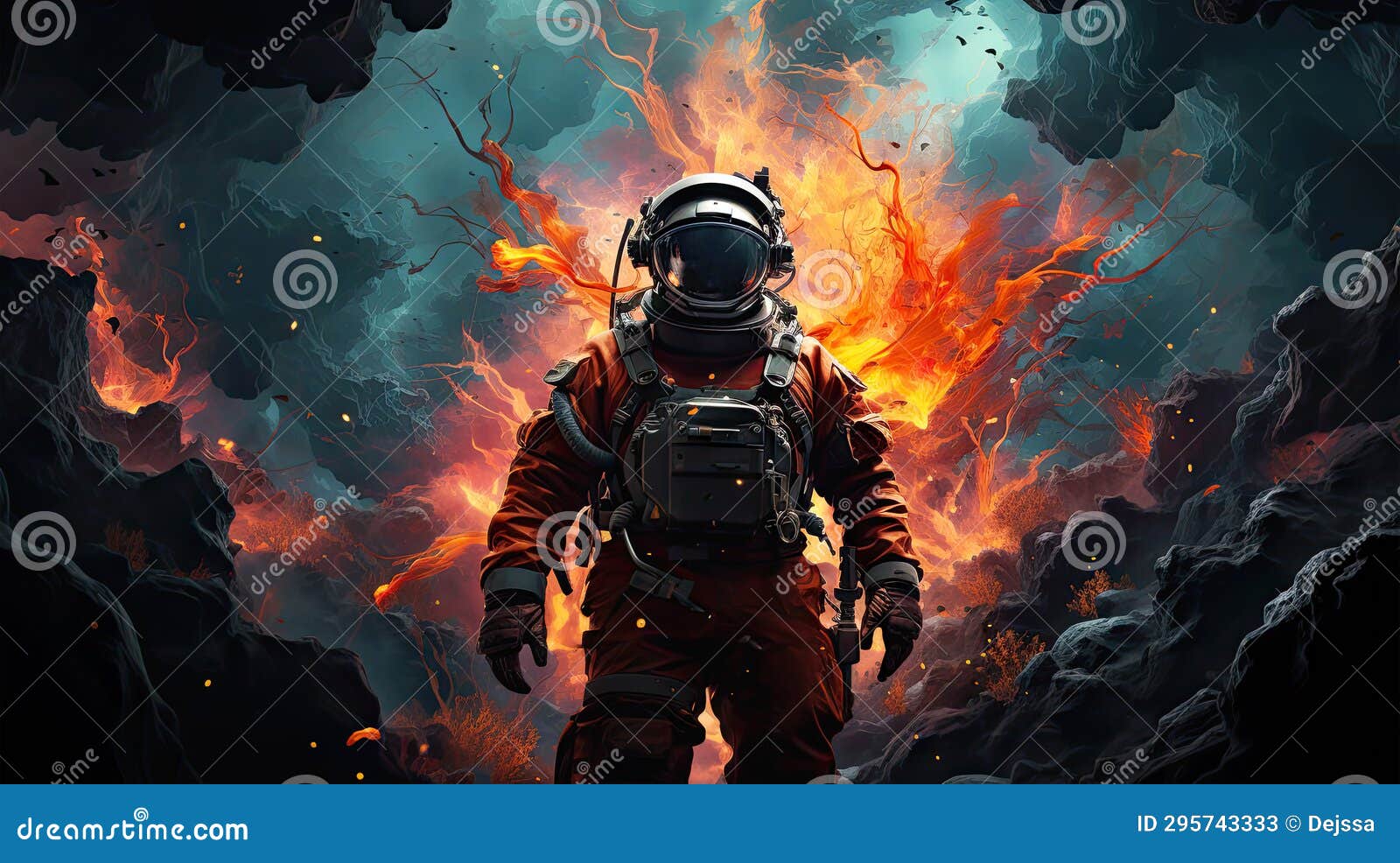 An Astronaut in a Space Suit and Fiery Explosion Stock Illustration ...