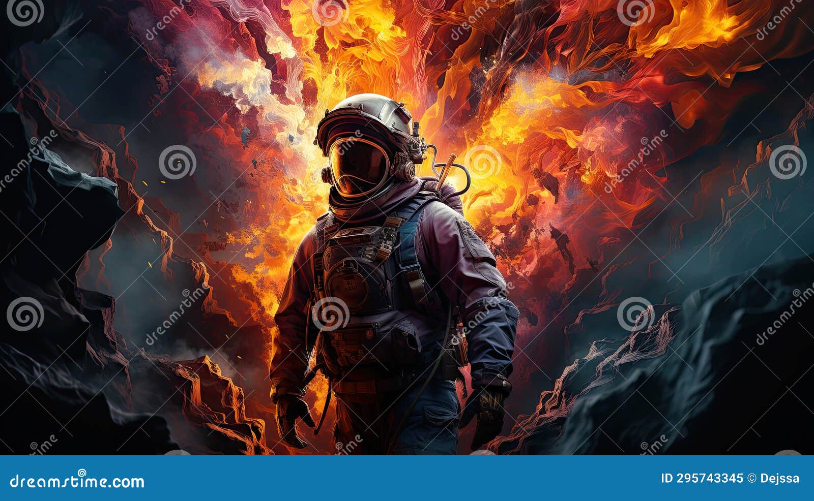 An Astronaut in a Space Suit and Fiery Explosion Stock Illustration ...
