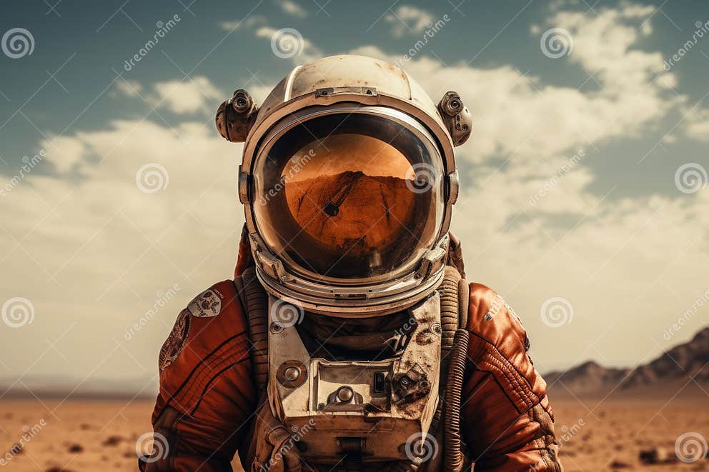 Astronaut in a Space Suit and Helmet Standing on the Surface of Mars ...
