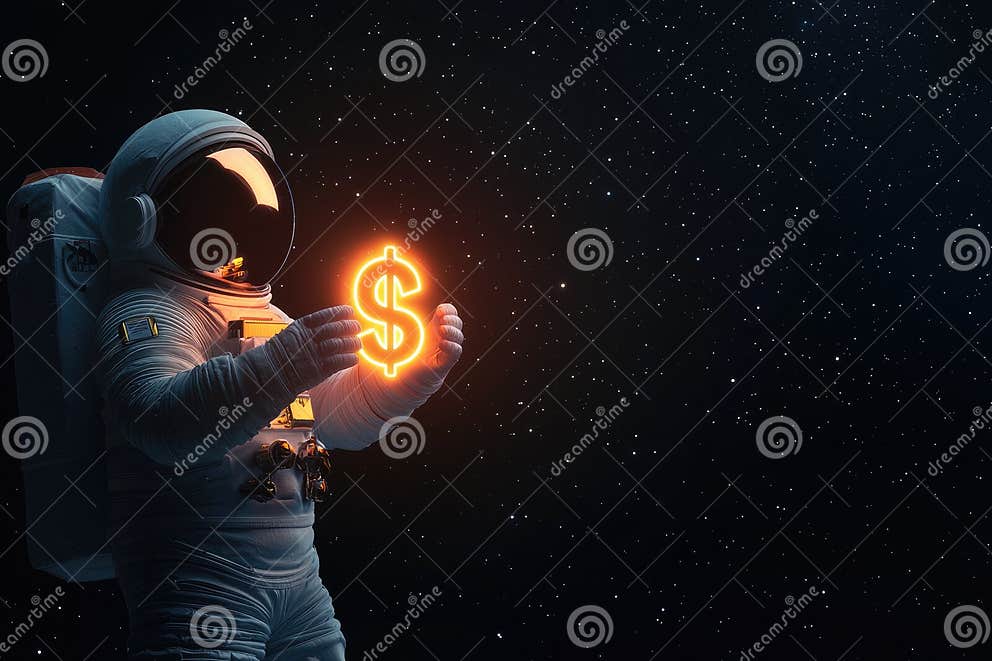 Astronaut in Space Touching Glowing Dollar Sign in Zero Gravity, Cosmic ... Astronaut in Space Touching Glowing Dollar Sign in Zero Gravity, Cosmic ...