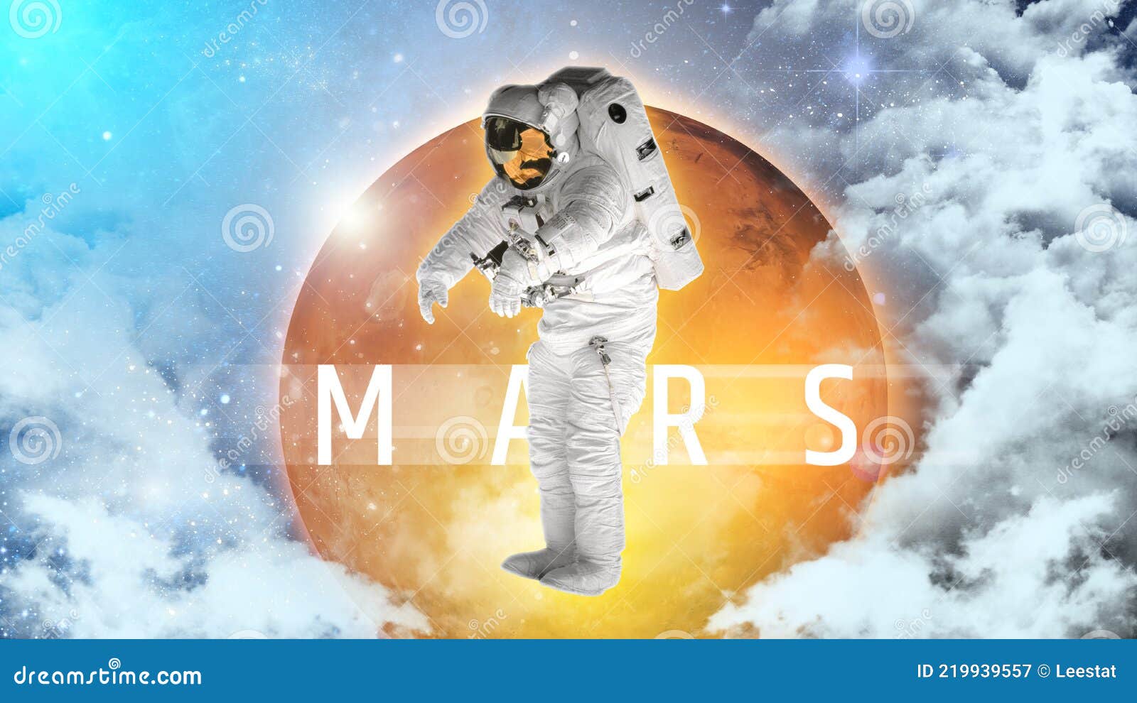 Astronaut Float in Outer Space Over of the Planet Mars on the ...