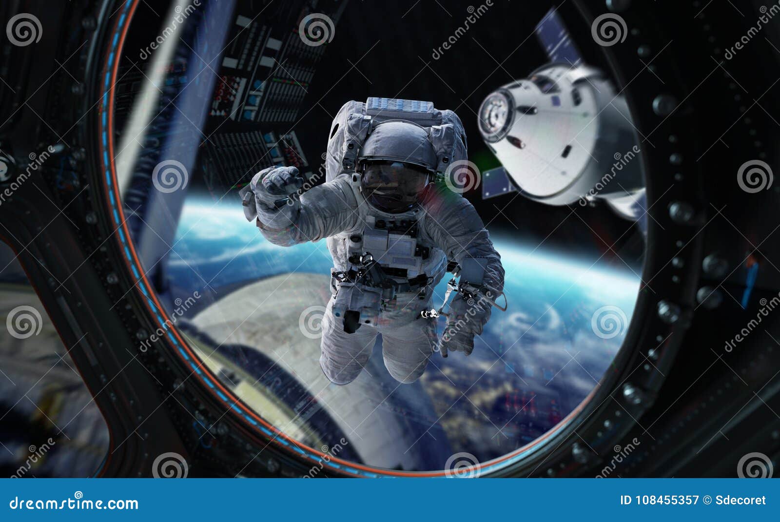 Astronaut Working on a Space Station 3D Rendering Elements of Th Stock ...