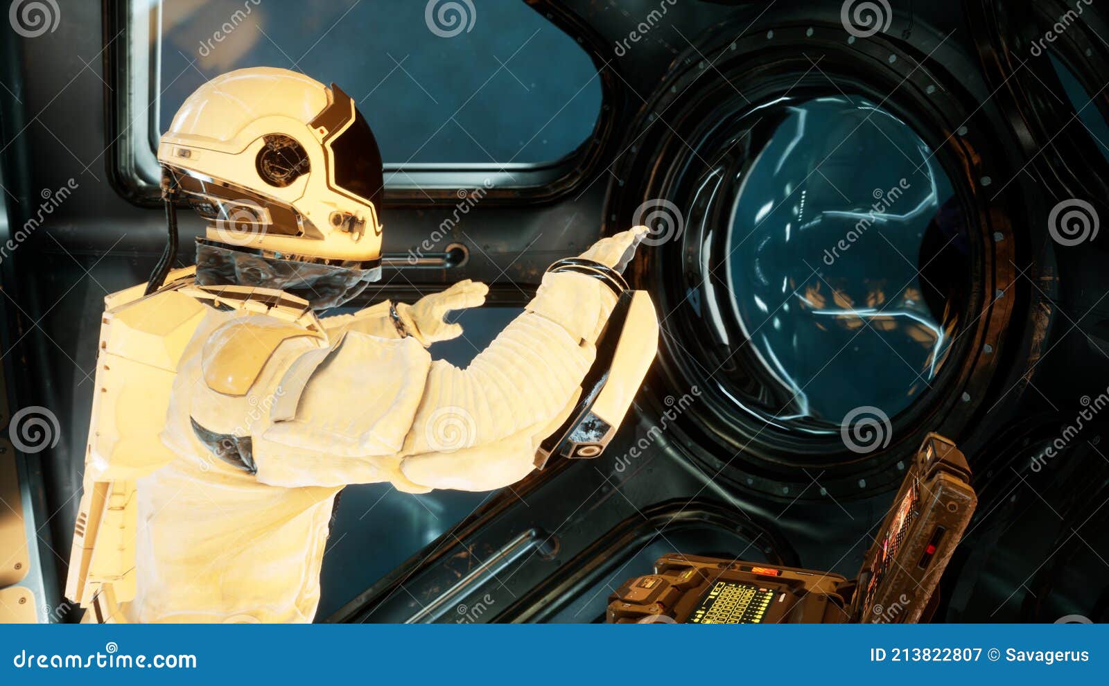 An Astronaut In A Spaceship Is Watching Through A Porthole For An Alien