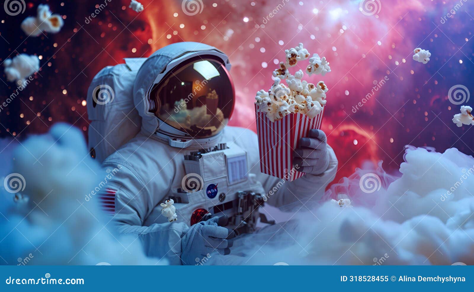 Astronaut in a Spacesuit with a Box of Popcorn in Outer Space Stock ...