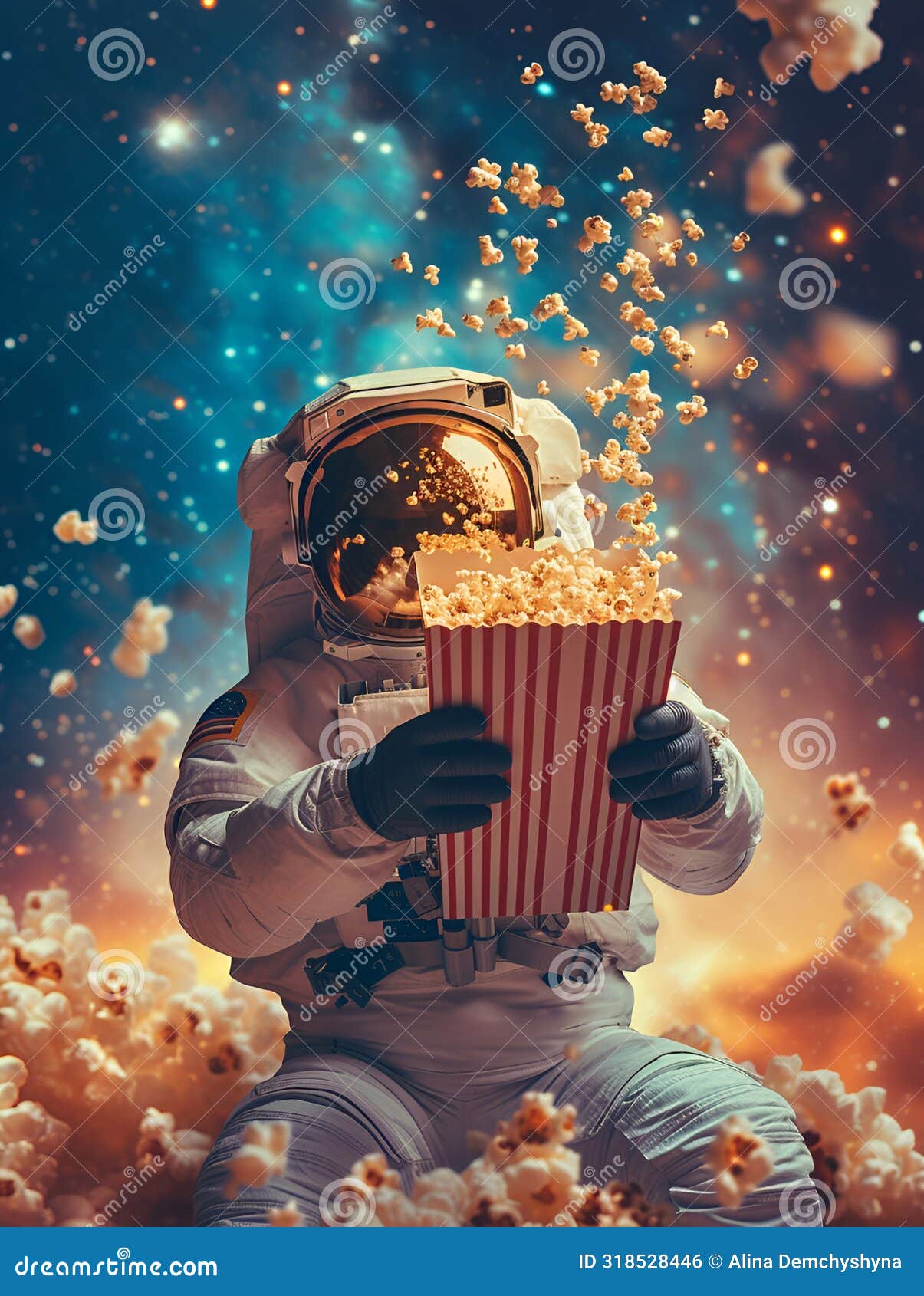 An Astronaut in a Spacesuit Holds a Box of Popcorn while Floating in ...