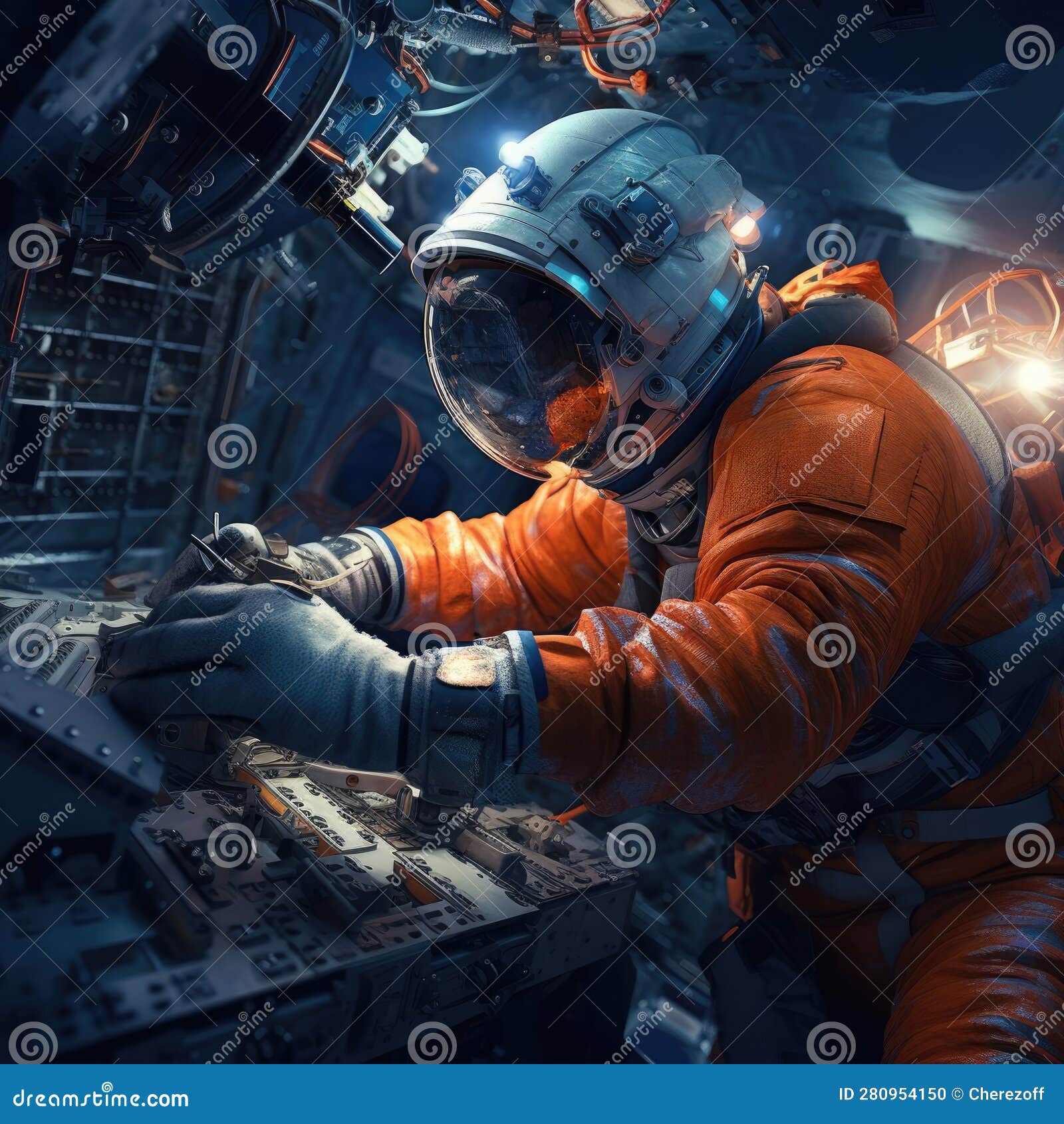 Cosmonaut Repairs Station in Outer Space Stock Illustration ...