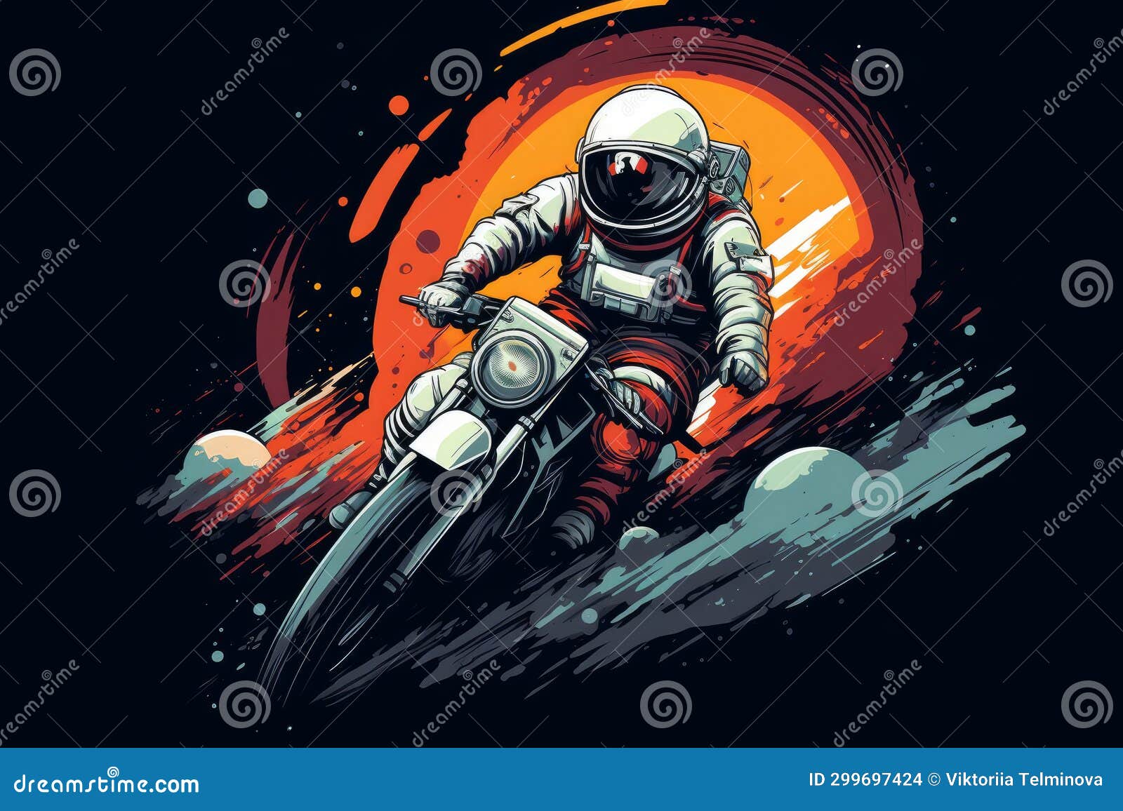 An Astronaut in a Spacesuit Rides a Motorcycle in Space Stock ...