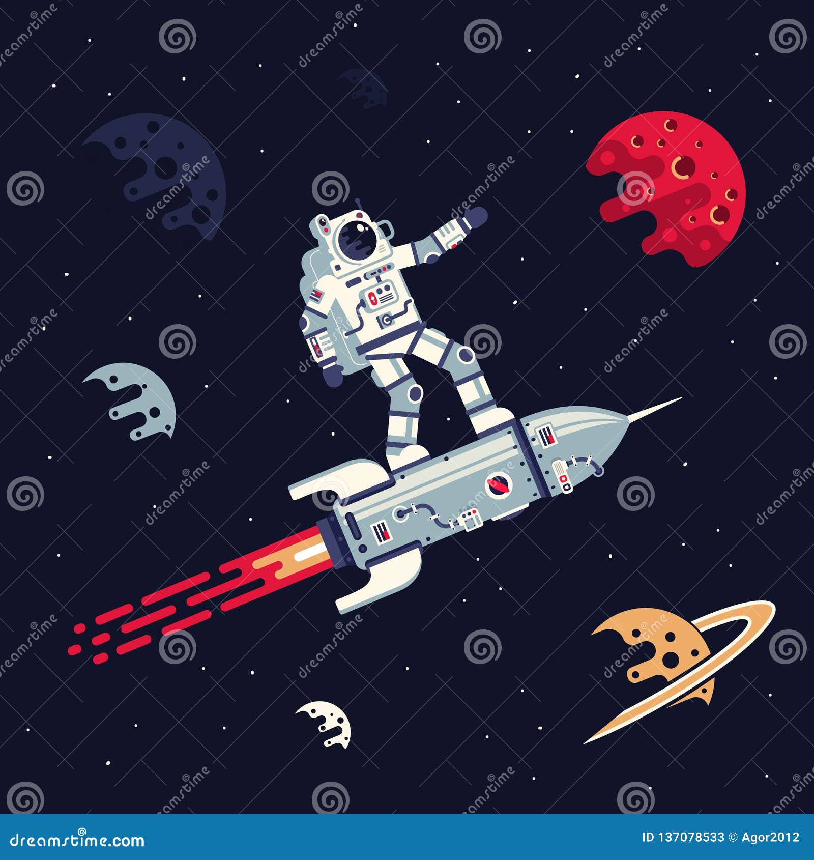 Astronaut in Spacesuit Flies Standing on Rocket in Space among Planets ... Astronaut in Spacesuit Flies Standing on Rocket in Space among Planets ...