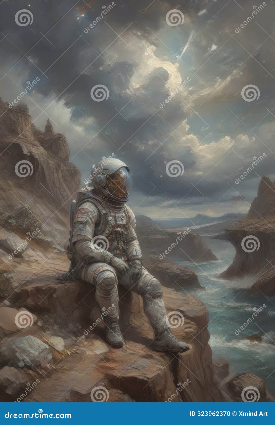 Astronaut Spacesuit Sit on the Edge of a Rocky Cliff in Outer Space ...