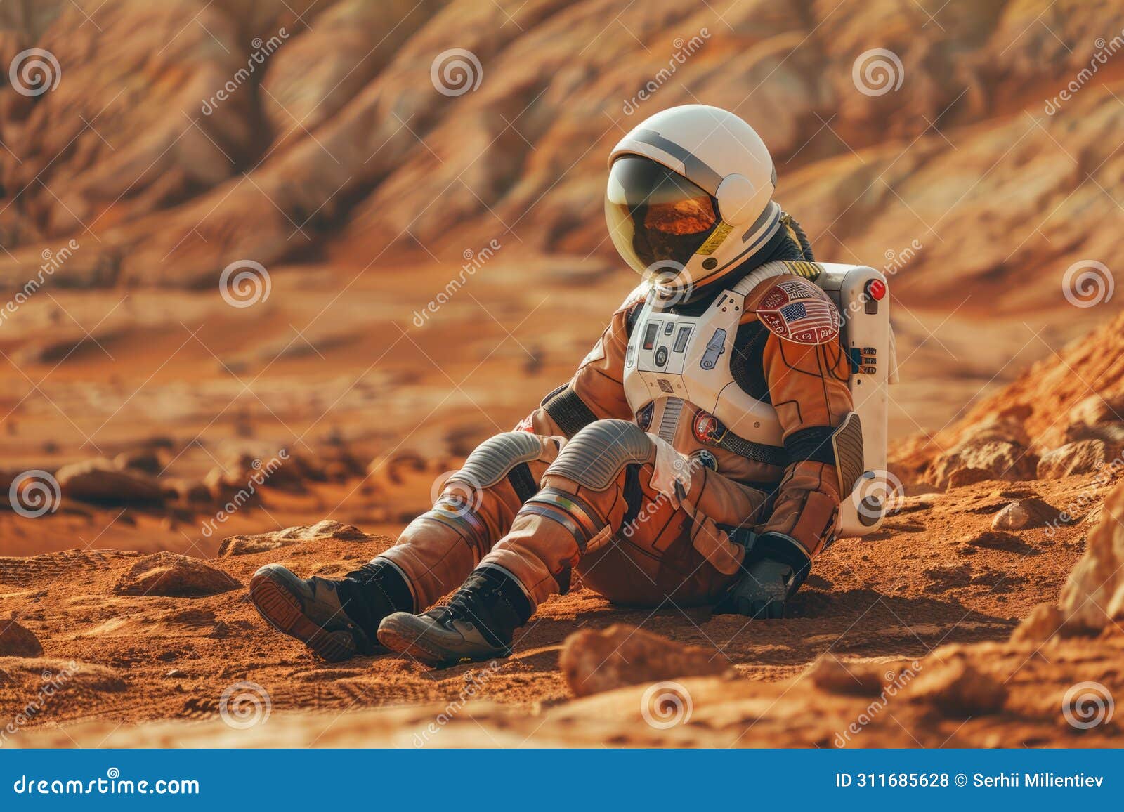 Astronaut in Spacesuit Sits on Another Planet. Spaceman in Deep Space ...