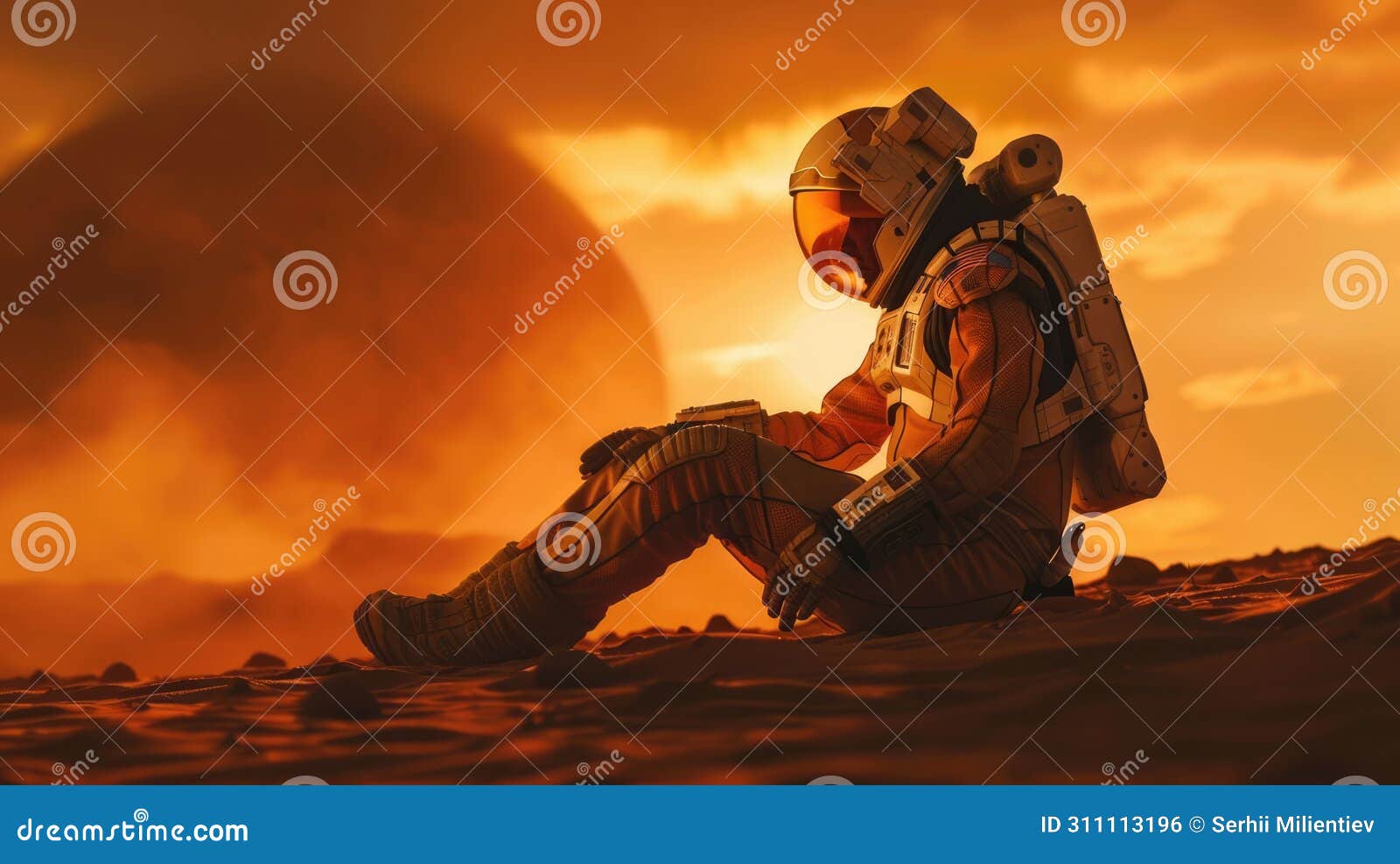 Astronaut in Spacesuit Sits on Red Planet. Spaceman in Deep Space Stock ...