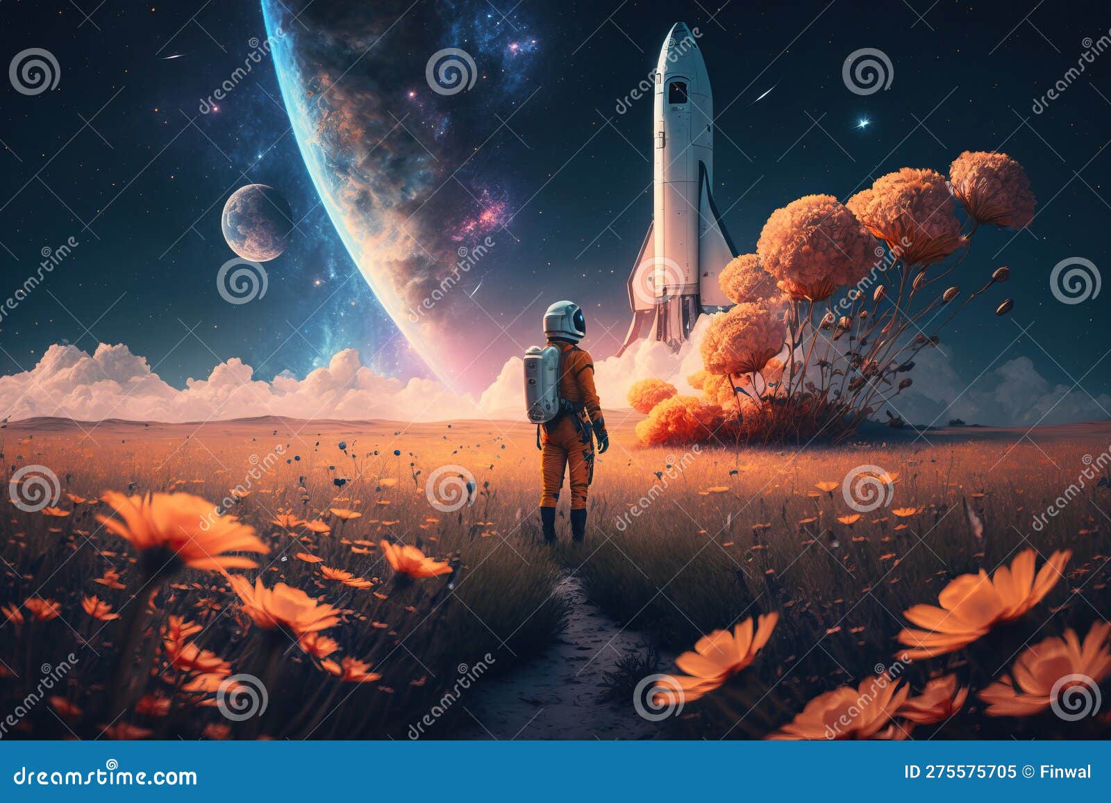 Astronaut Standing on the Field of Flowers on Another Planet Stock ...