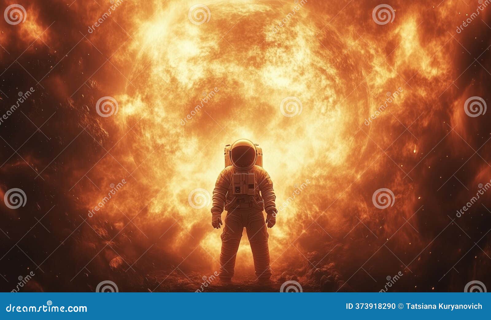 Massive Fiery Explosion In Barren Landscape With Dramatic Clouds Stock ...