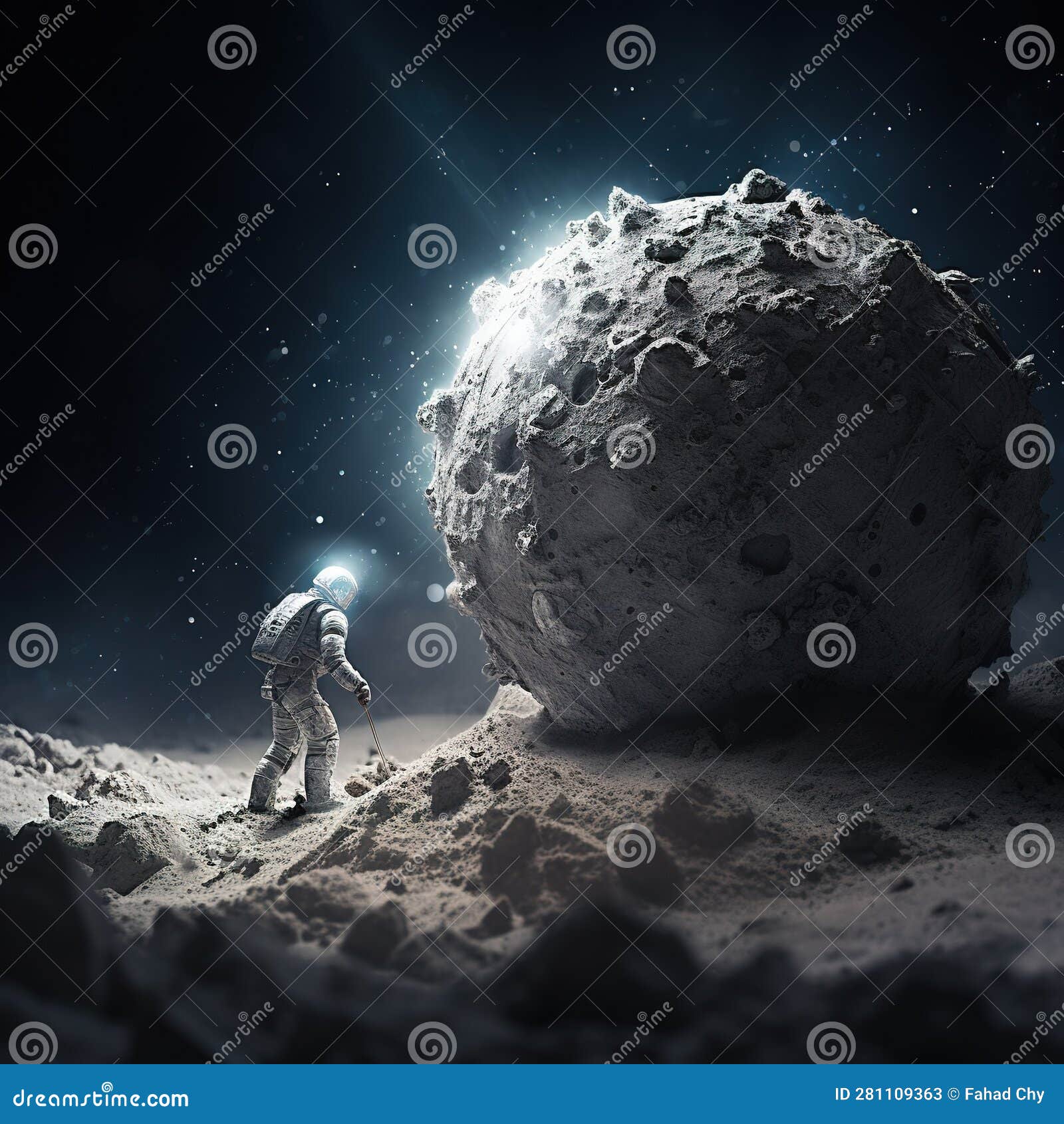 An Astronaut Standing on the Moon Looking at a Large Rock Stock ...