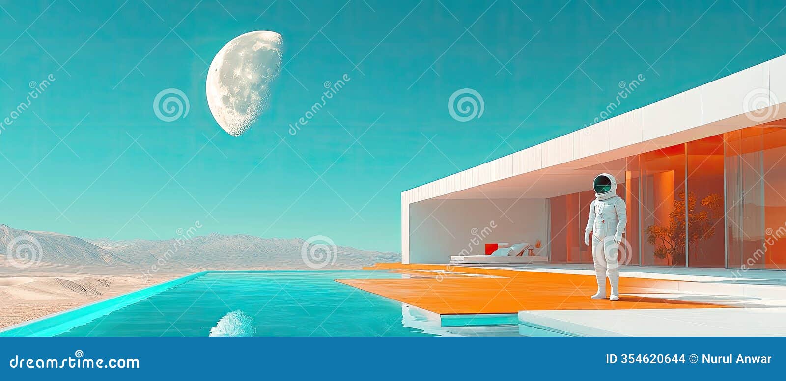 "ASTRONAUT STANDS by POOL, STARING at CRESCENT MOON" Stock Illustration ...