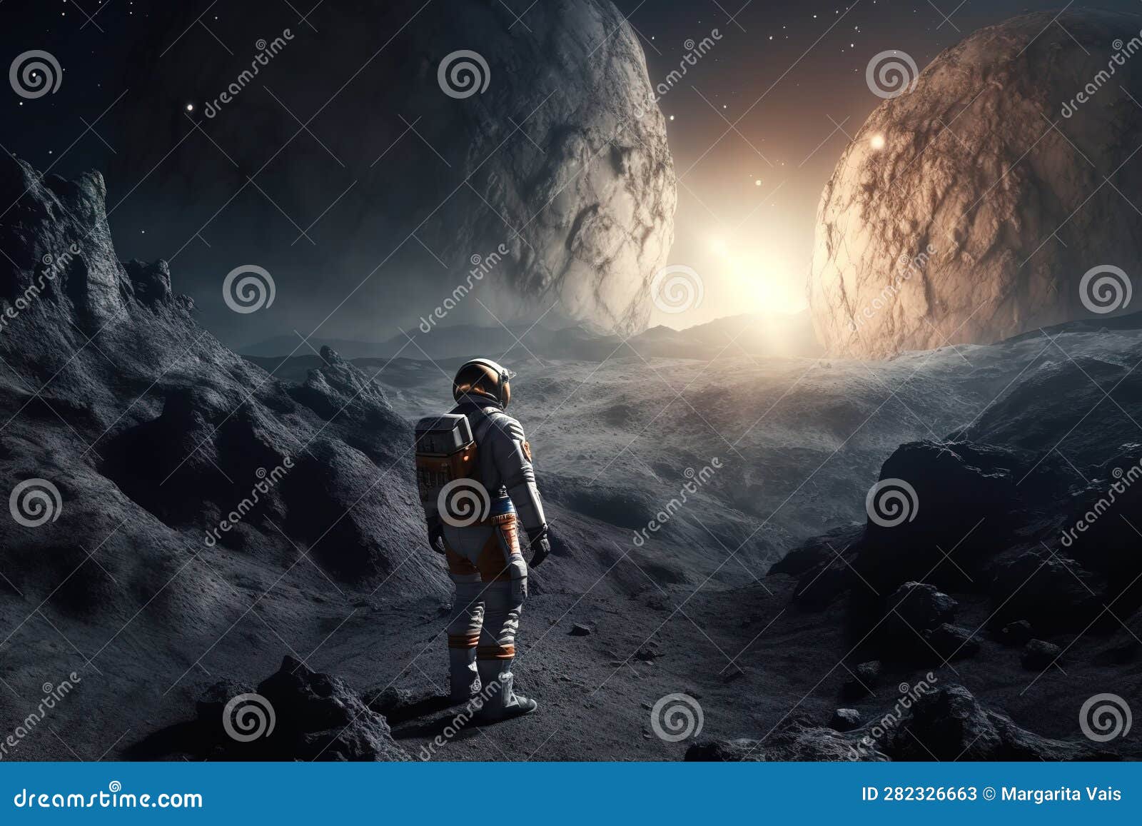 An Astronaut Stands on a Deserted Planet and Looks at the Dawn Stock ... An Astronaut Stands on a Deserted Planet and Looks at the Dawn Stock ...