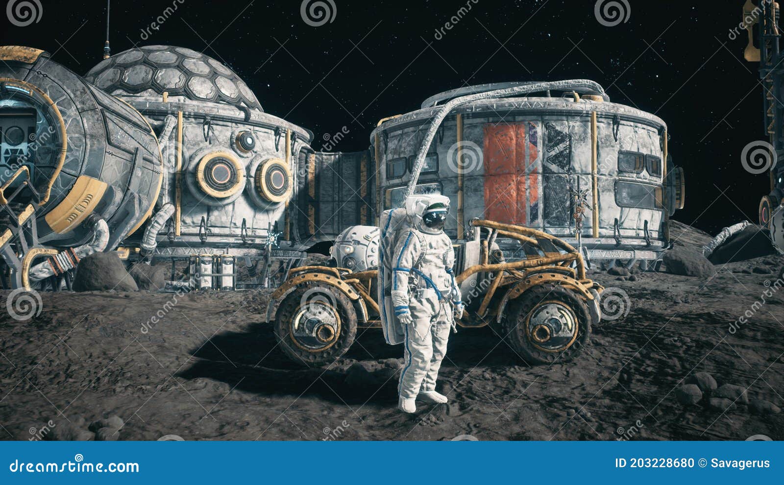 An Astronaut Stands beside His Lunar Rover at the Space Moon Base. View ...