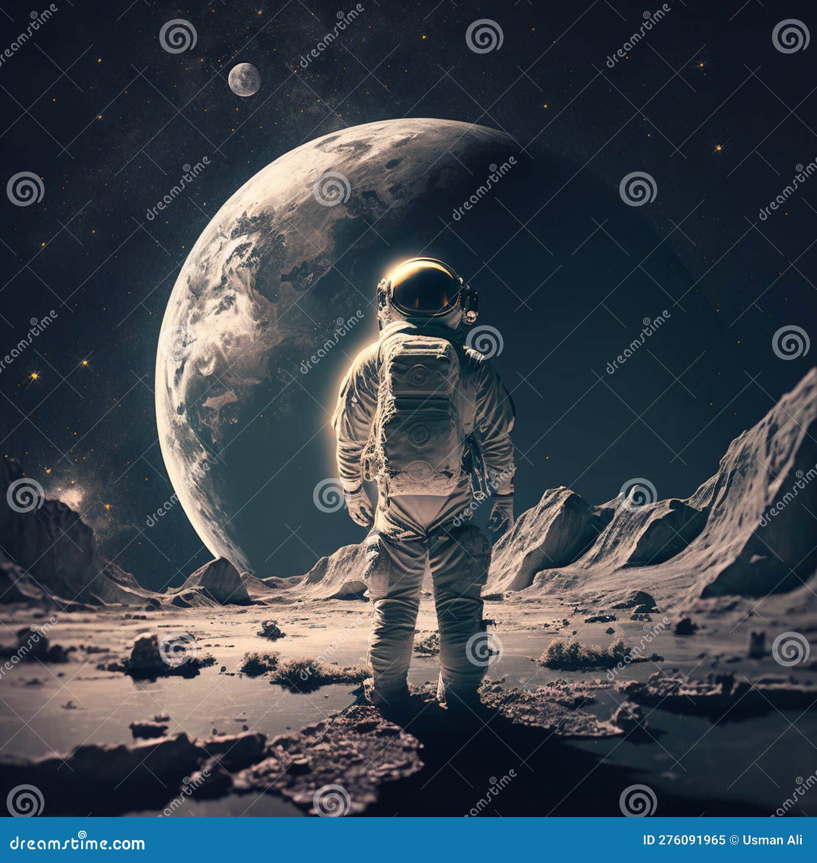 A Astronaut Stands on the Surface of the Moon, Looking Up at the Stars ...