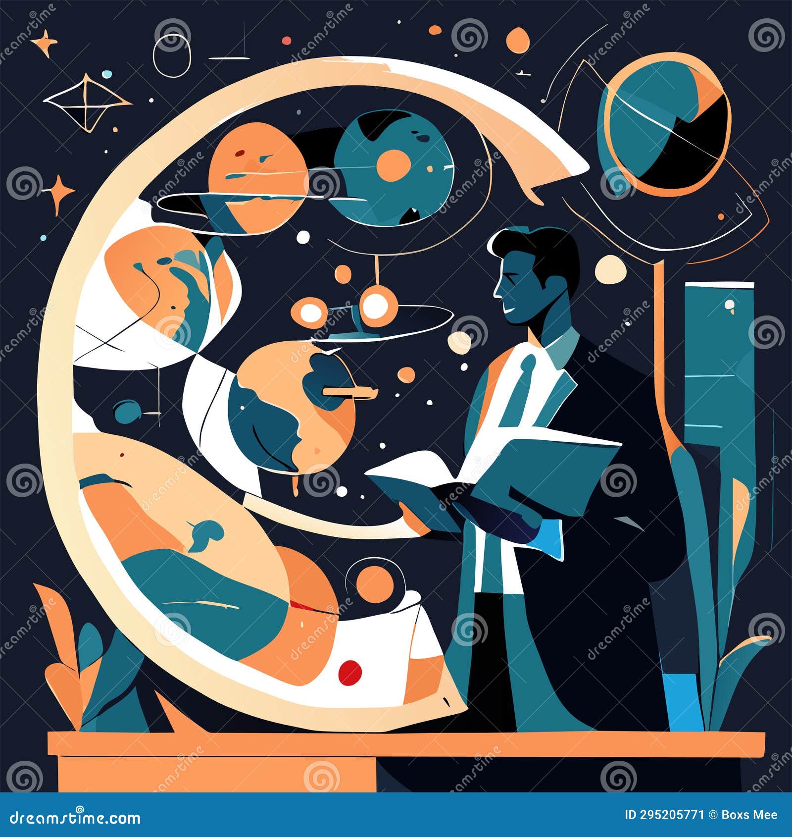 Astronaut Studying Planets in Outer Space. Vector Flat Illustration ...