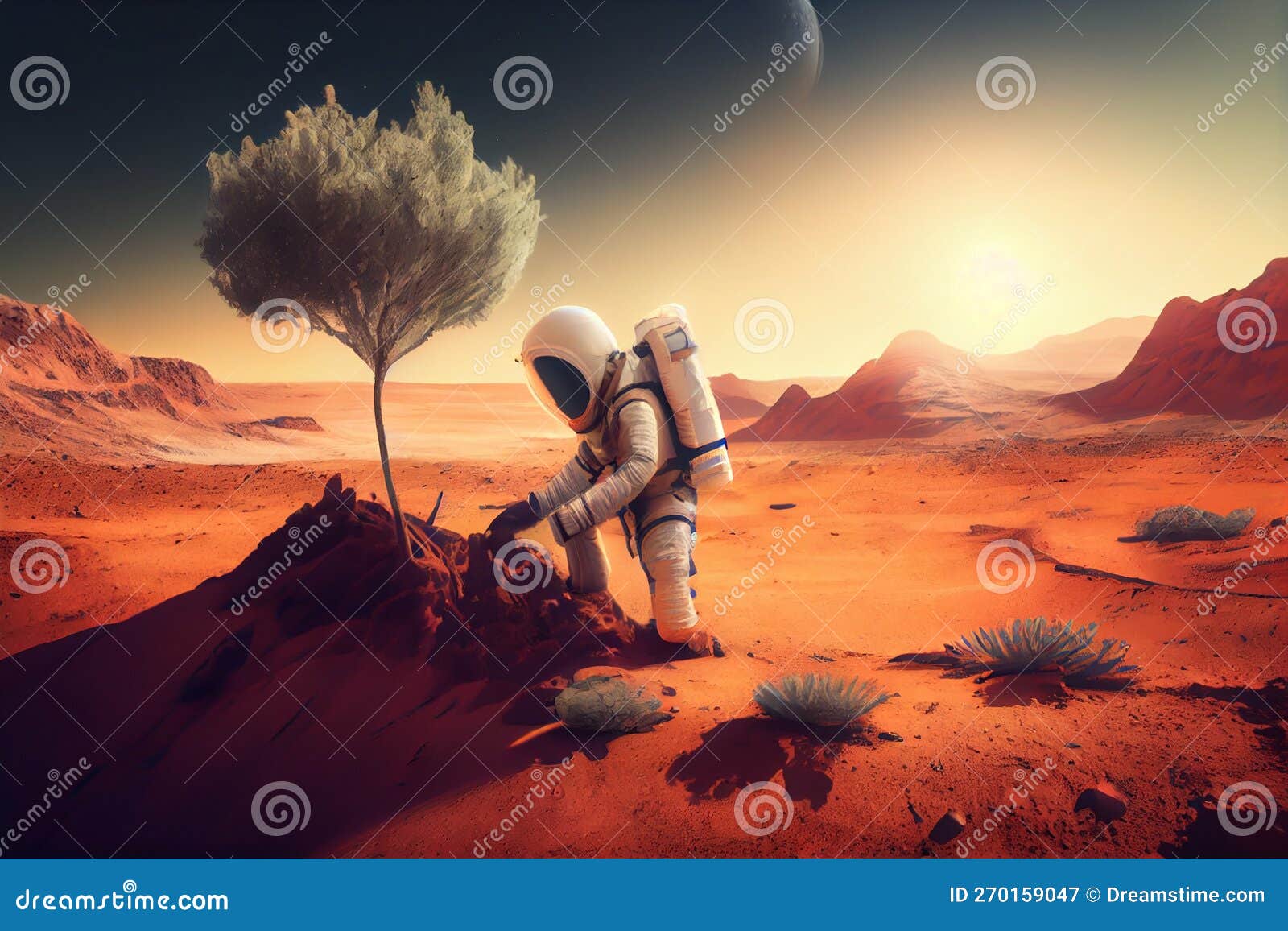 Astronaut in Suit Planting Tree on Planet Mars. Generative AI Stock ...