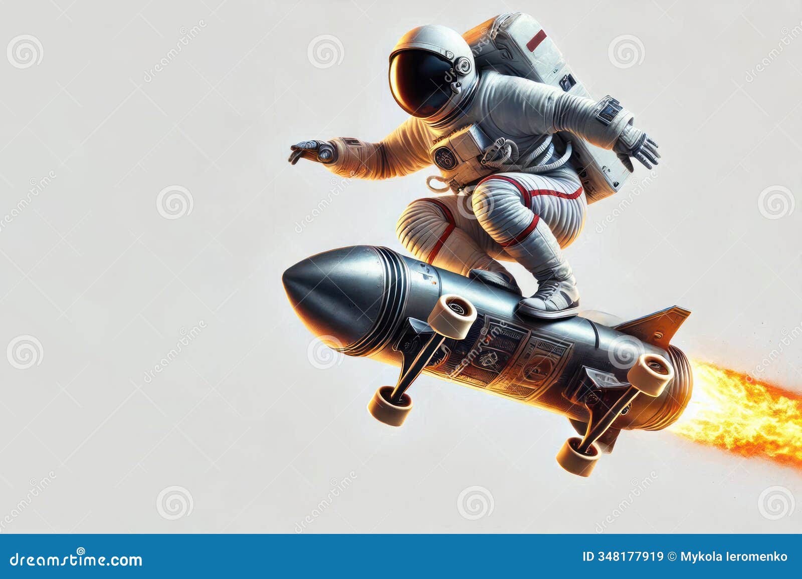 Astronaut Surfing on a Rocket in Outer Space. Space for Text. Stock ...