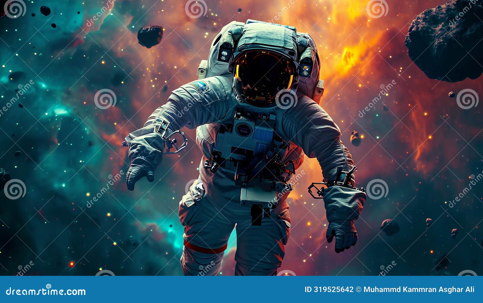 Astronaut Taking Space Walk, Colorful Space Nebula Around Stock ...