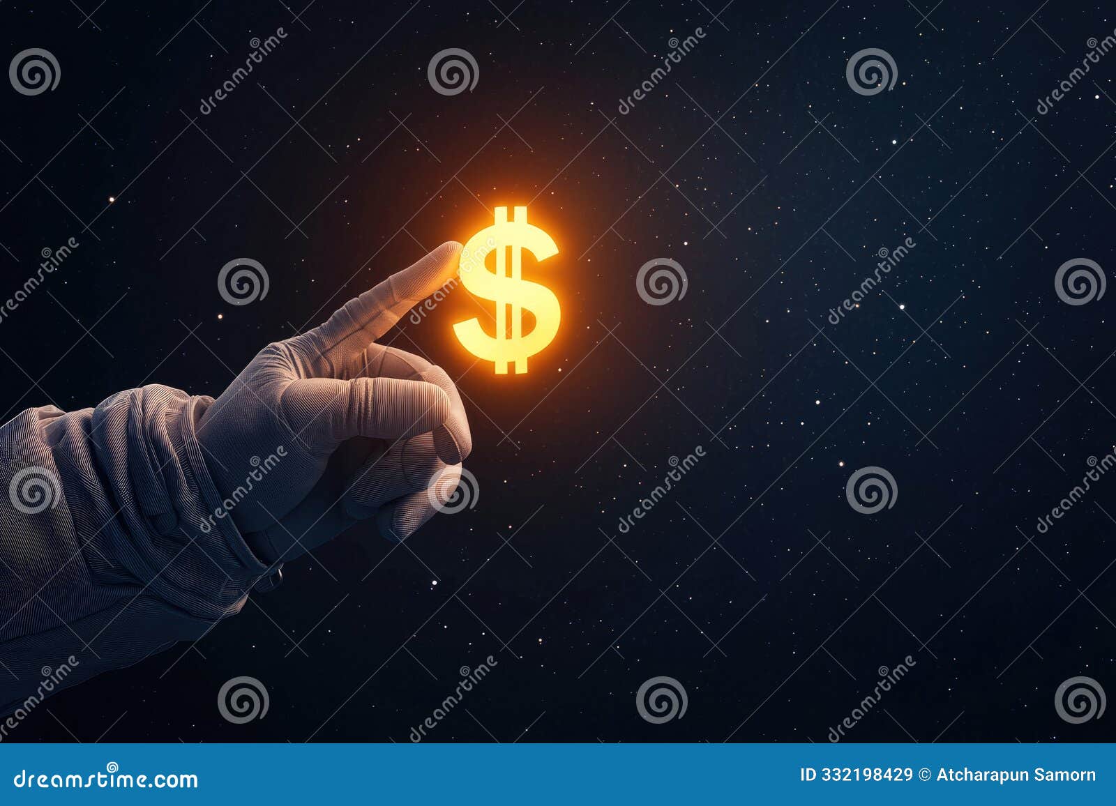 Astronaut Touching Glowing Dollar Sign in Space with Dark Space ... Astronaut Touching Glowing Dollar Sign in Space with Dark Space ...