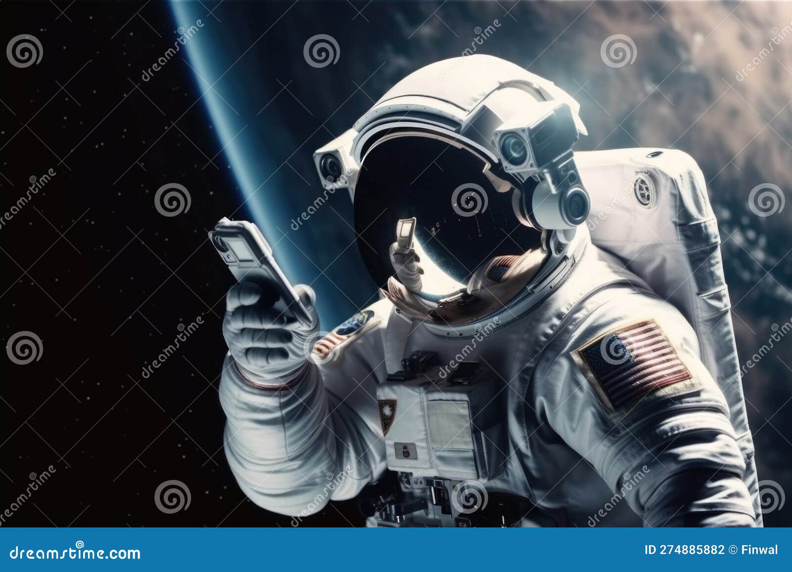 Astronaut Using Smartphone in Outer Space Stock Photo - Image of ...